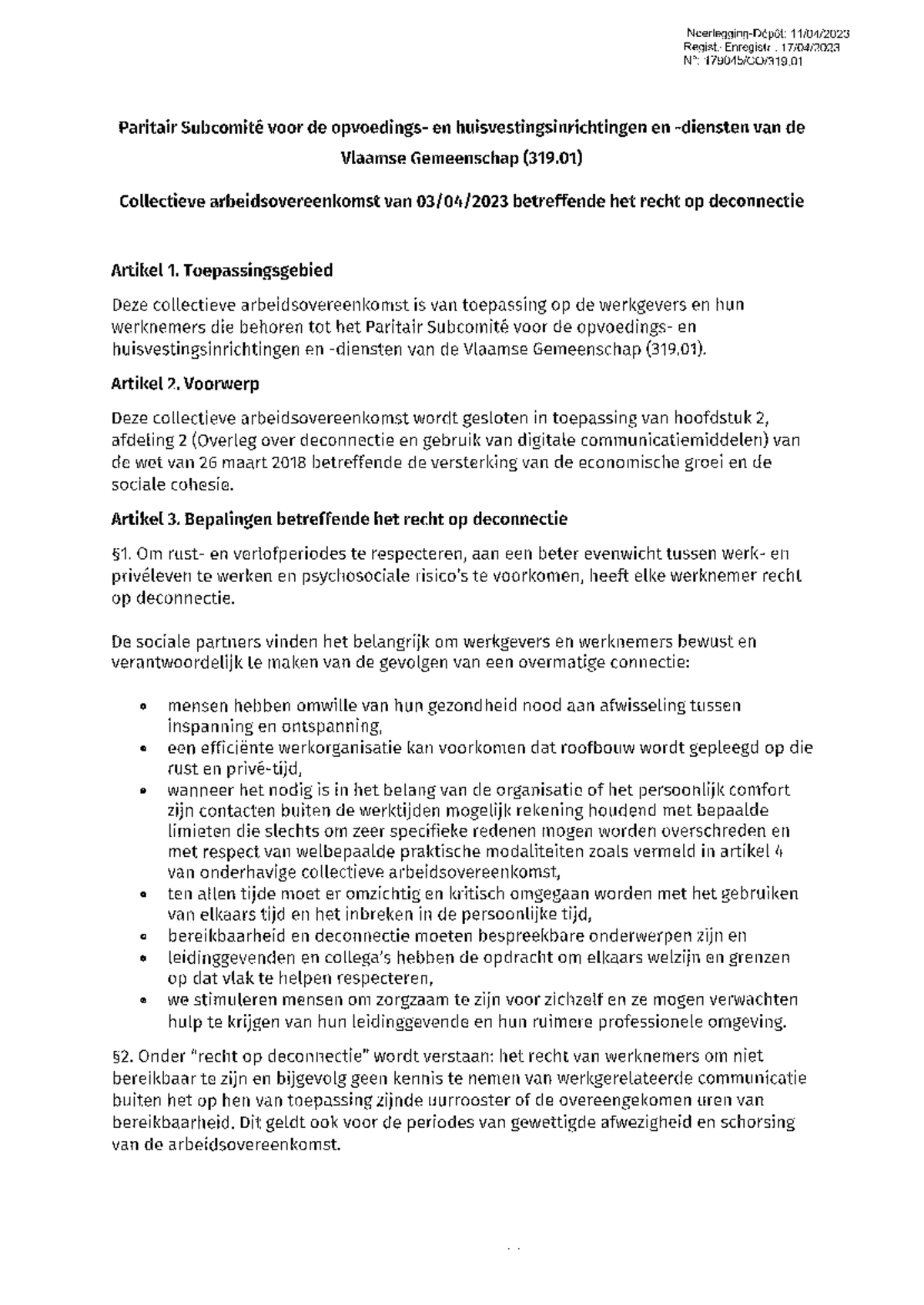 Voorbeeld Sectorale CAO - Recht op deconnectie - Neerlegging-Dépôt: 11 ...
