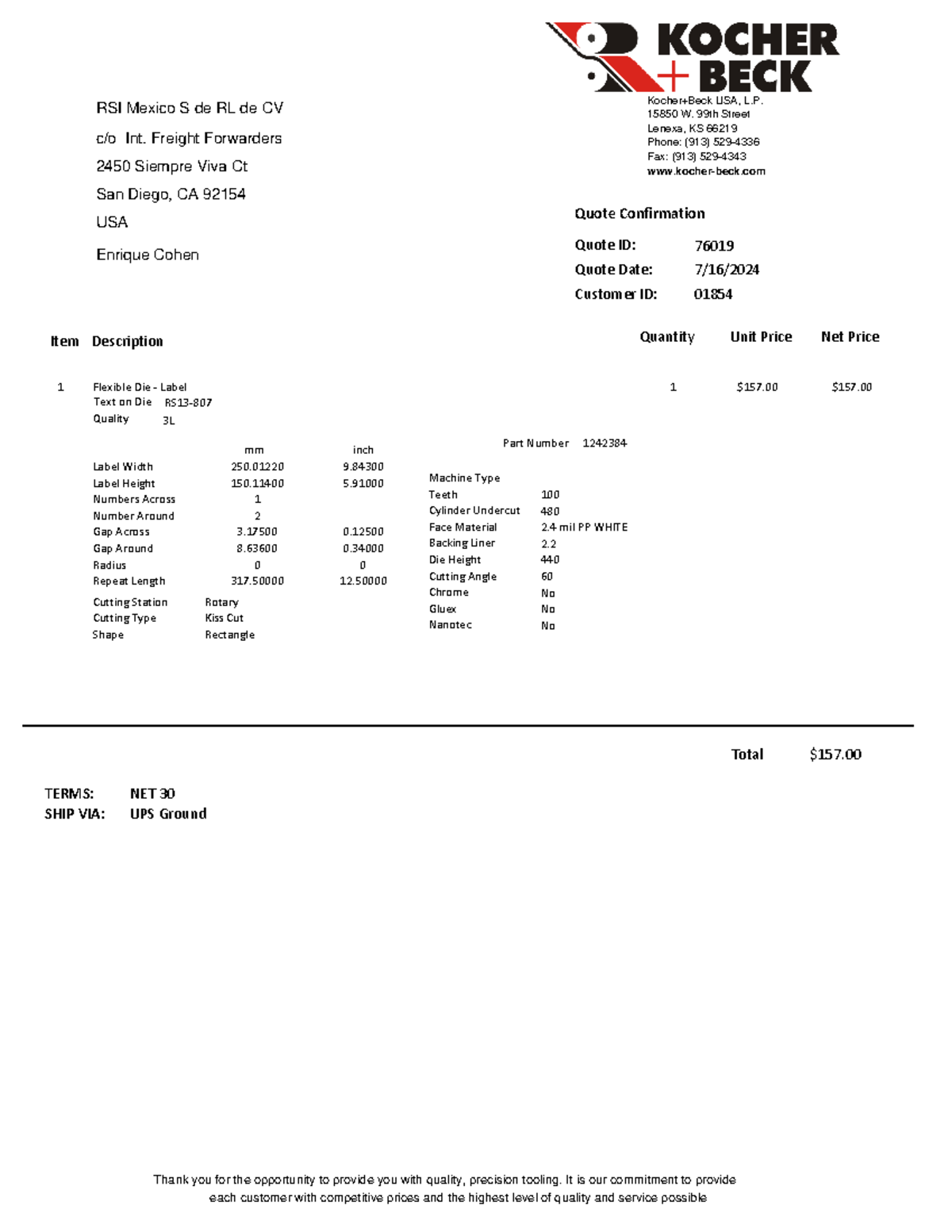 76019-Quote - n/a - UPS Ground TERMS: NET 30 SHIP VIA: Total $157. 1 ...