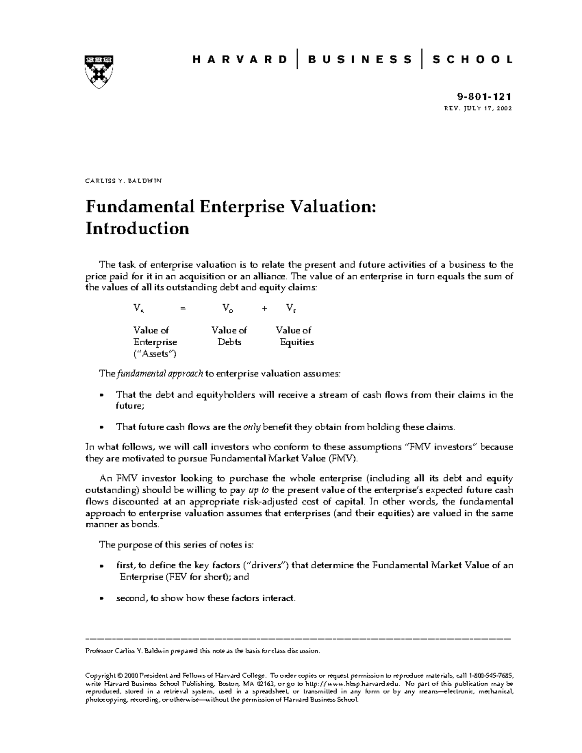 Fundamentals valuation - 9 - 8 0 1 - 1 2 1 R E V : J U L Y 1 7 , 2 0 0 2 - Studocu