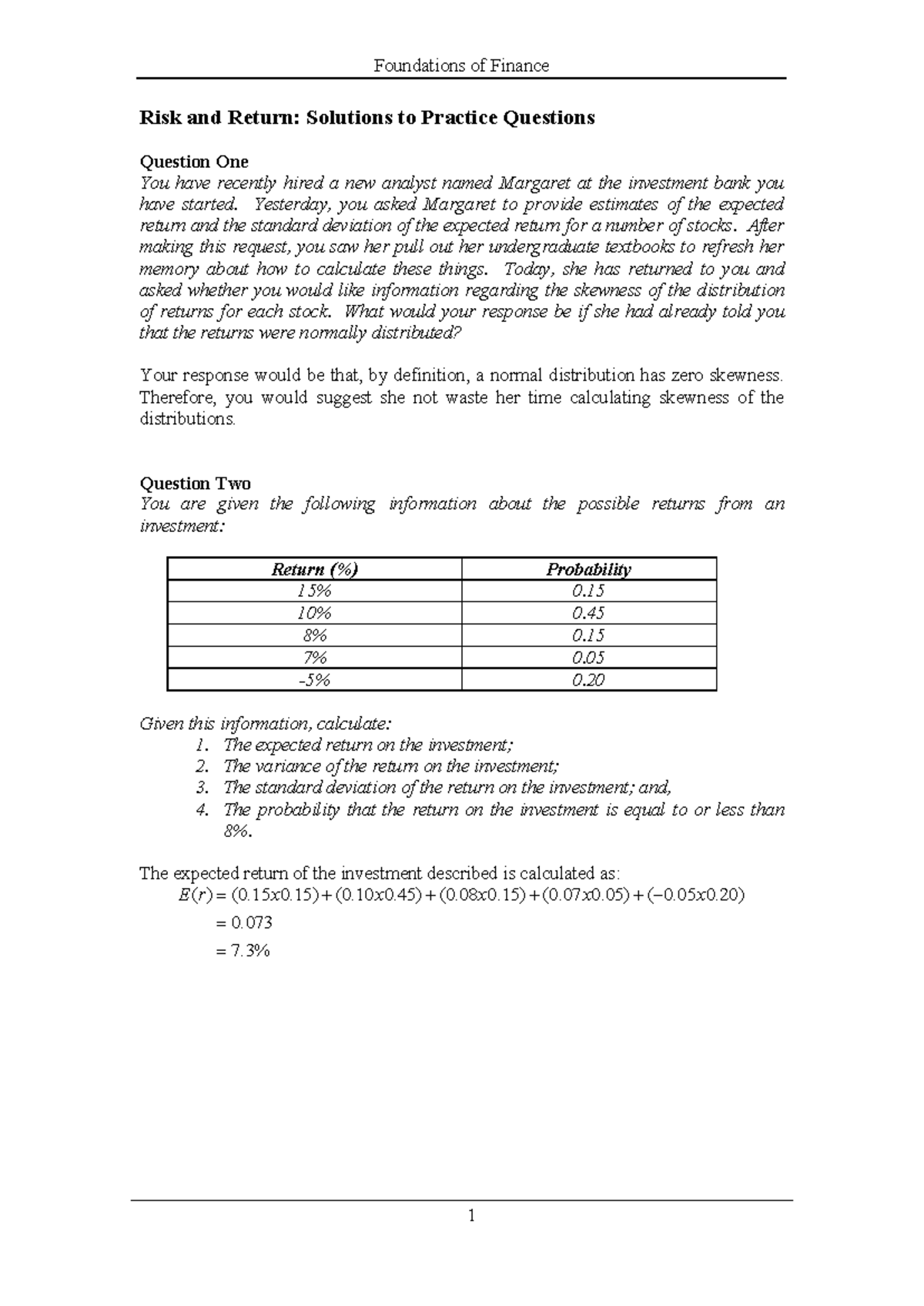 6) Risk and Return Solutions to Practice Questions - Foundations of ...