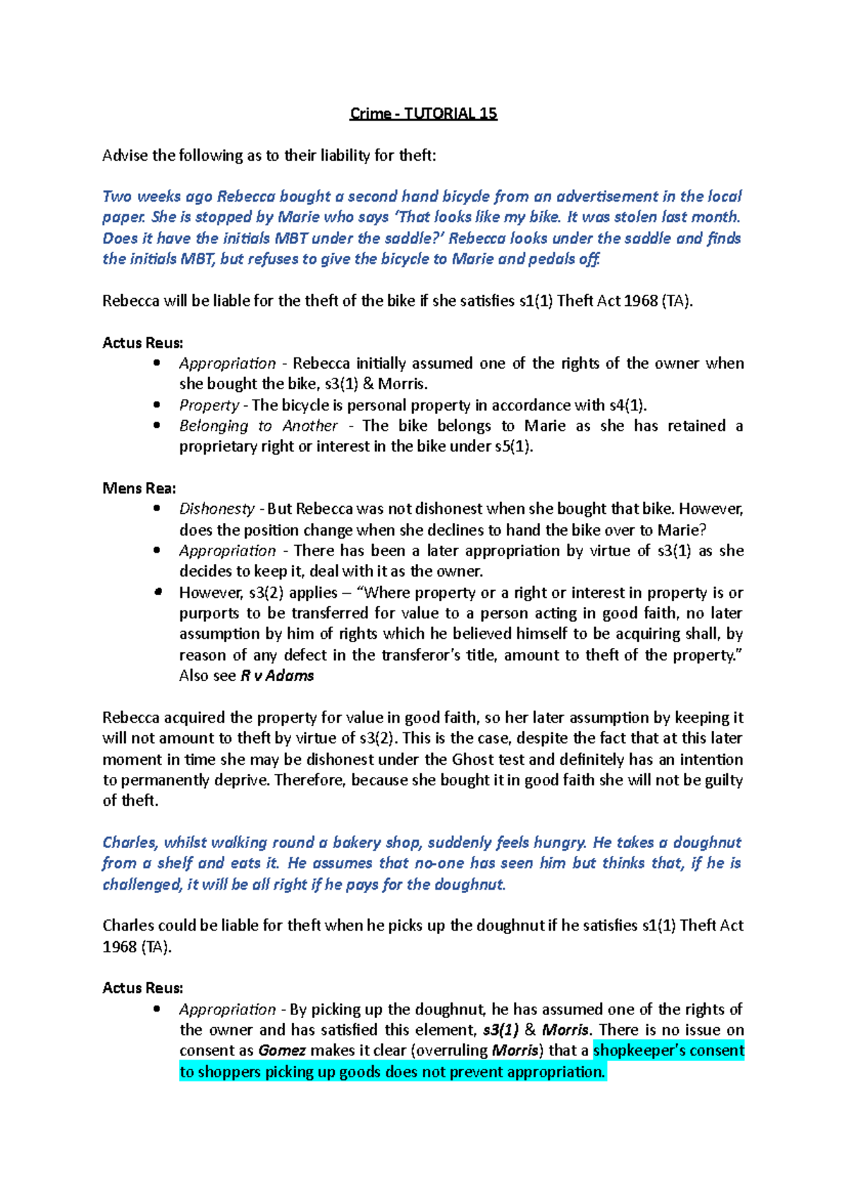 Crime - tutorial 15 - theft - Crime - TUTORIAL 15 Advise the following ...