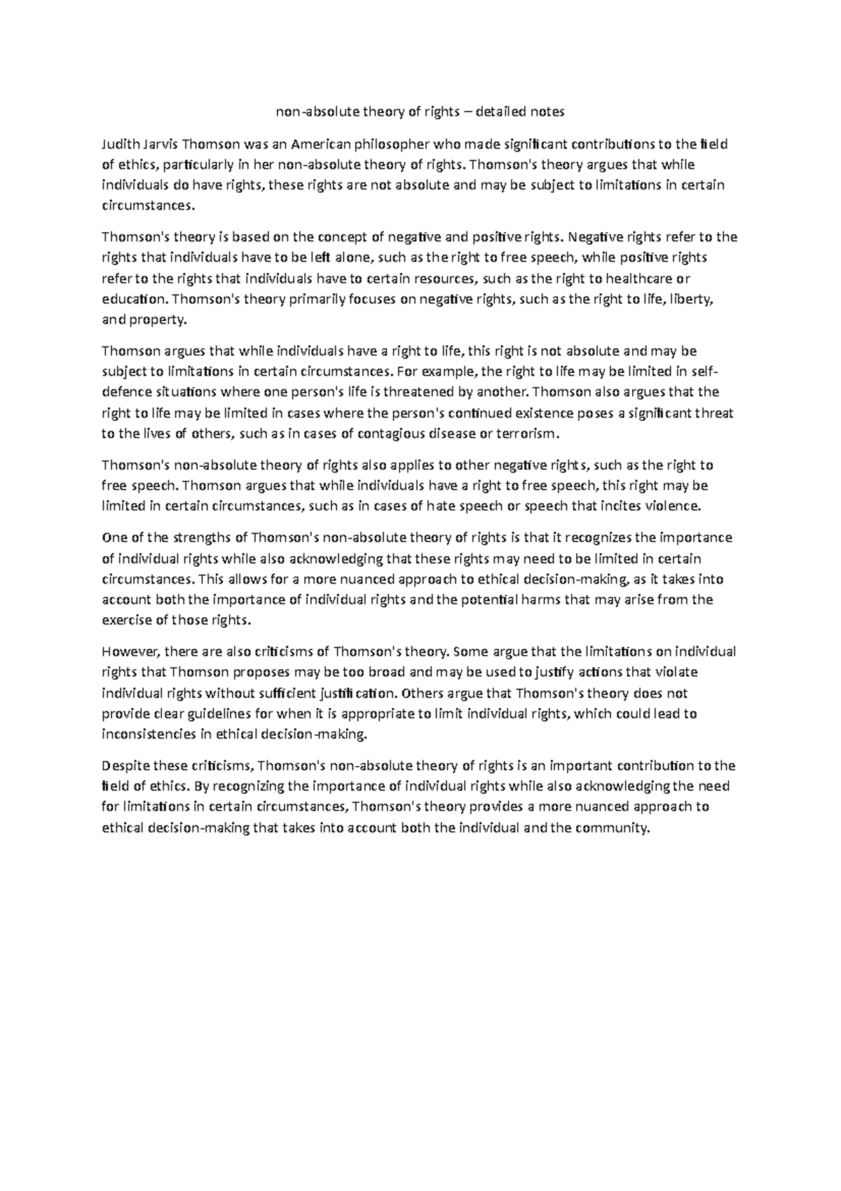 judith jarvis thomson's non-absolute theory of rights - detailed notes ...