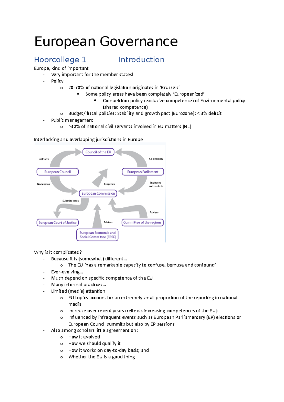 Aantekeningen European Governance - European Governance Hoorcollege 1 ...