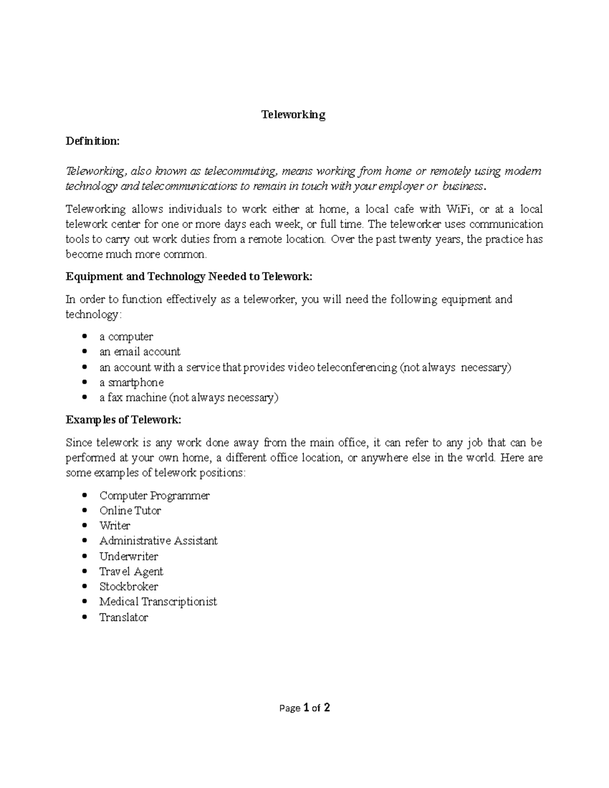 Teleworking - Lecture notes 2 - Definition: Teleworking Teleworking ...