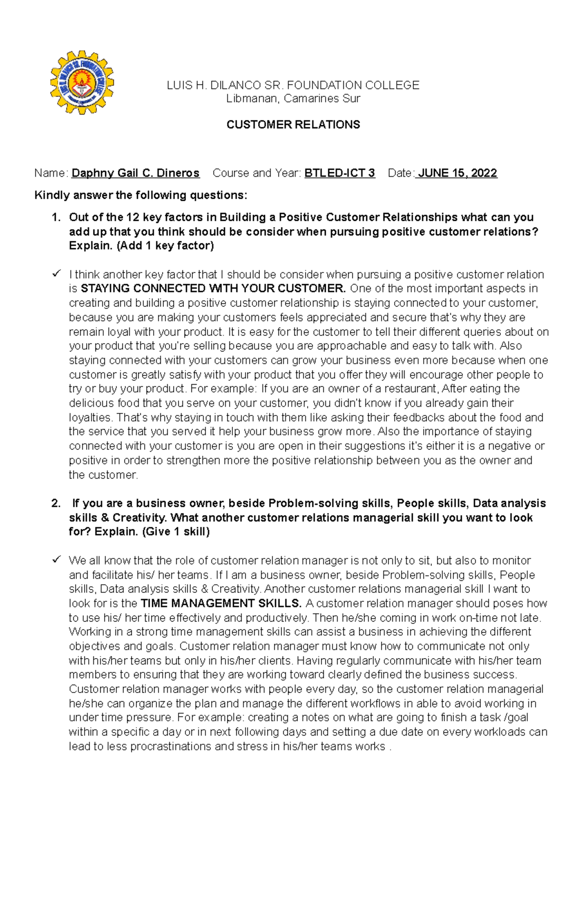 Customer Relation Midterm Examination - LUIS H. DILANCO SR. FOUNDATION ...