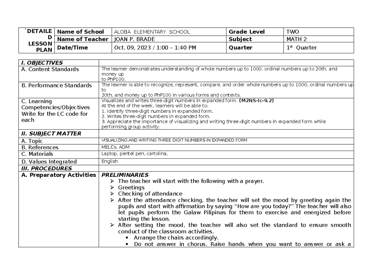 1st Quarter DLP - dlp - `DETAILE D LESSON PLAN Name of School ALOBA ...
