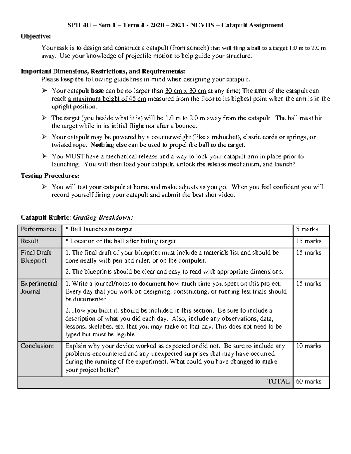 Catapult Project - PAS - Sem 1 - Term 4 - 2020-2021 Ncvhs pdf - SPH 4U ...