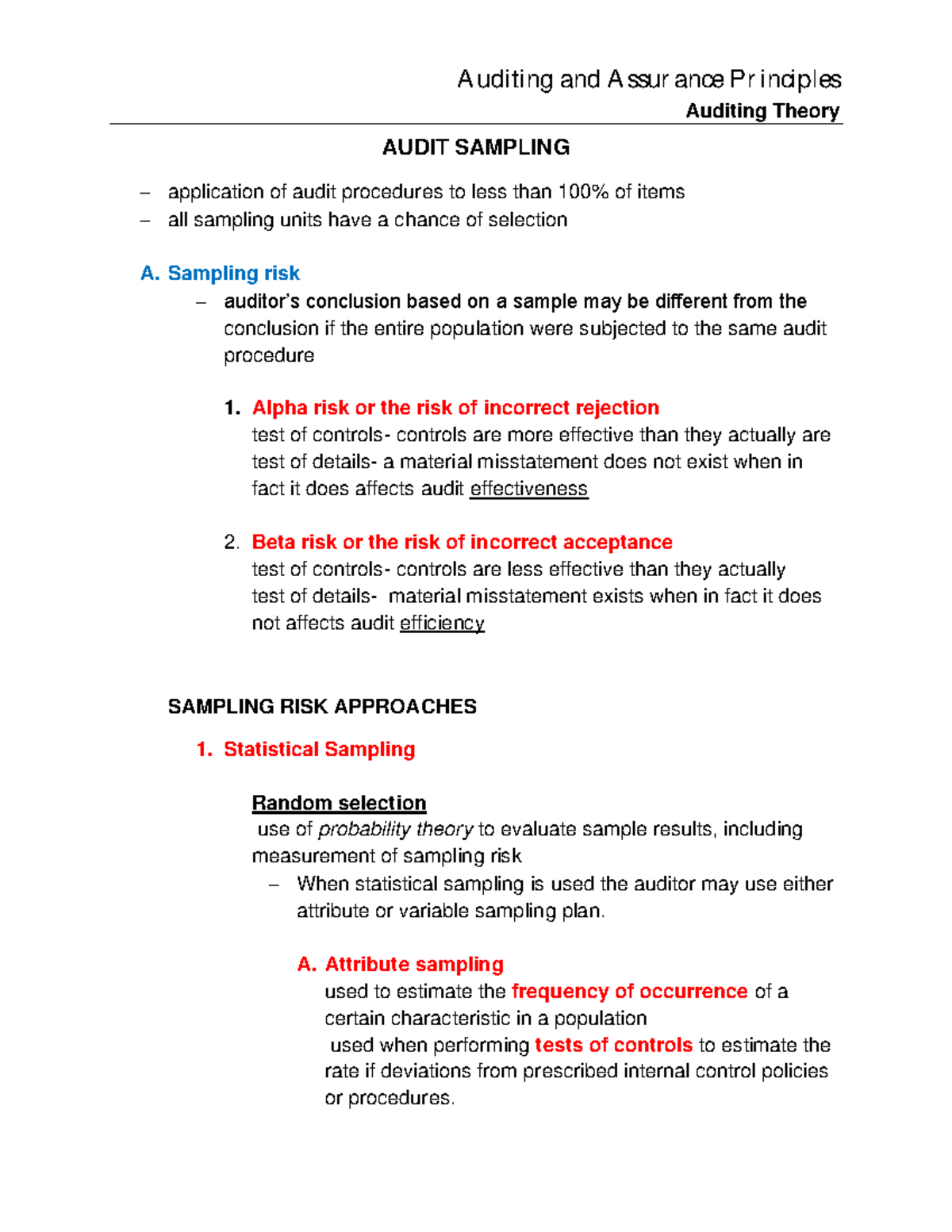 Auditing and Assurance Principles - Auditing Theory AUDIT SAMPLING − application of audit ...