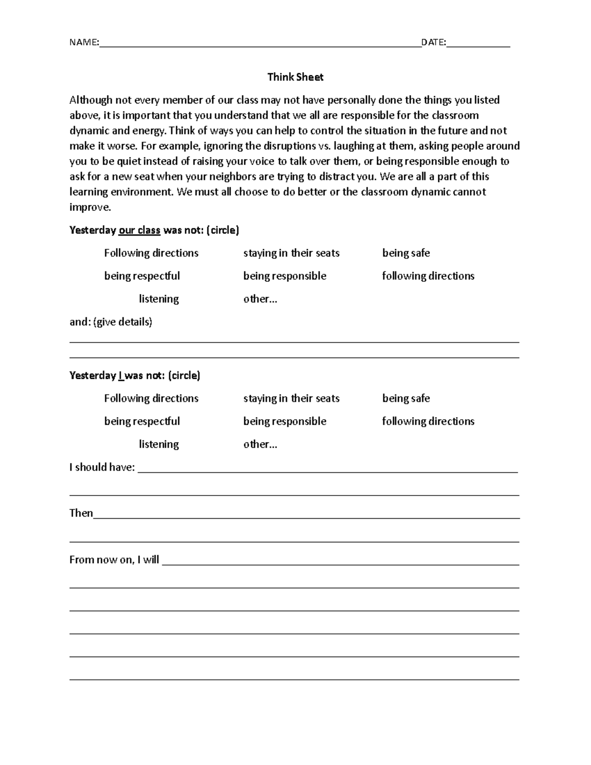 Think Sheet - Teacher tools - NAME ...