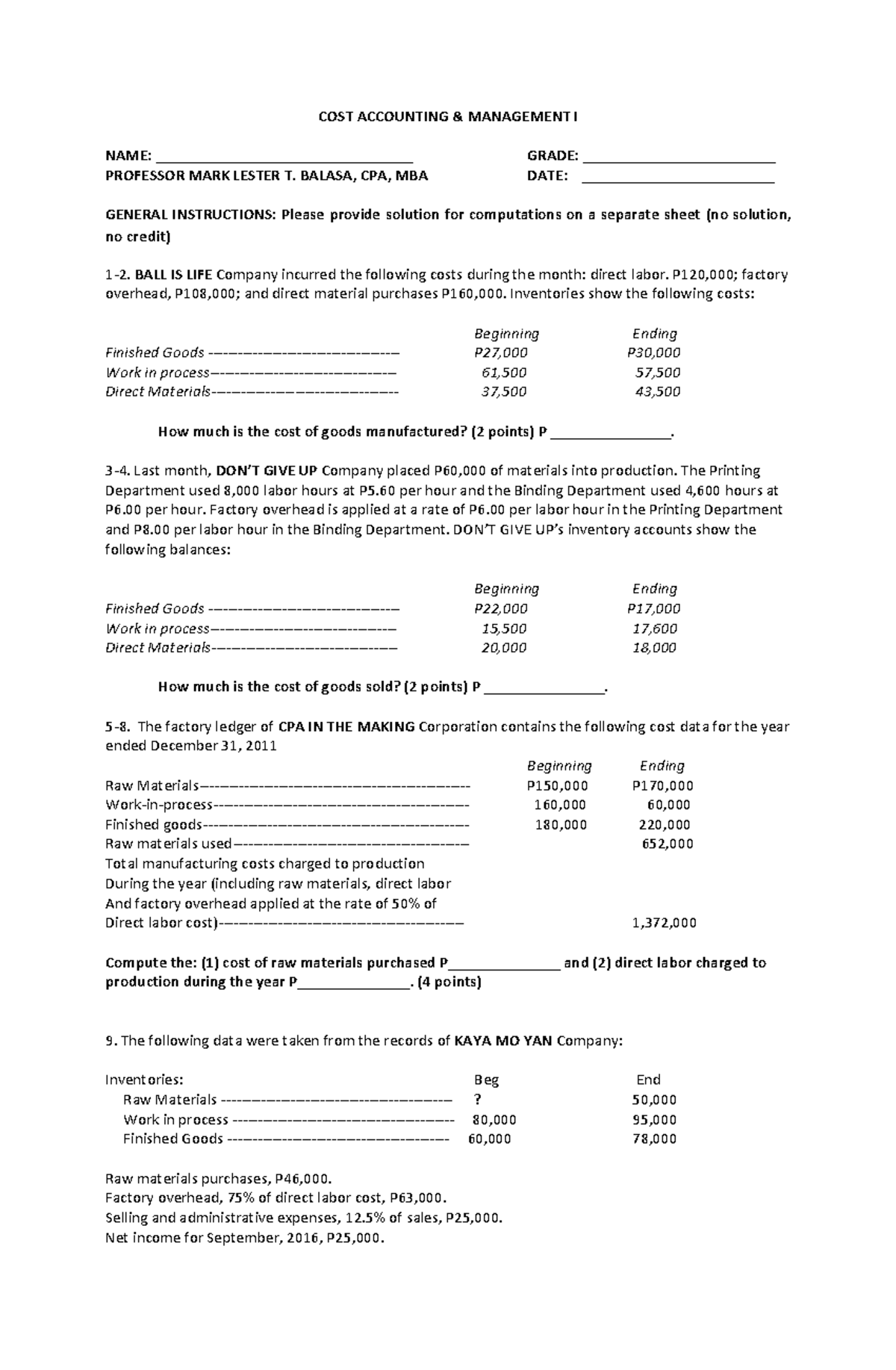 Cost Midterms - Midterm Exam on Cost Accounting - COST ACCOUNTING & MANAGEMENT I NAME: - Studocu