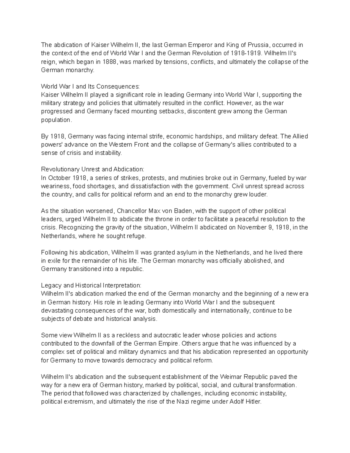 Abdication OF Kaiser Wilhelm II - The abdication of Kaiser Wilhelm II ...