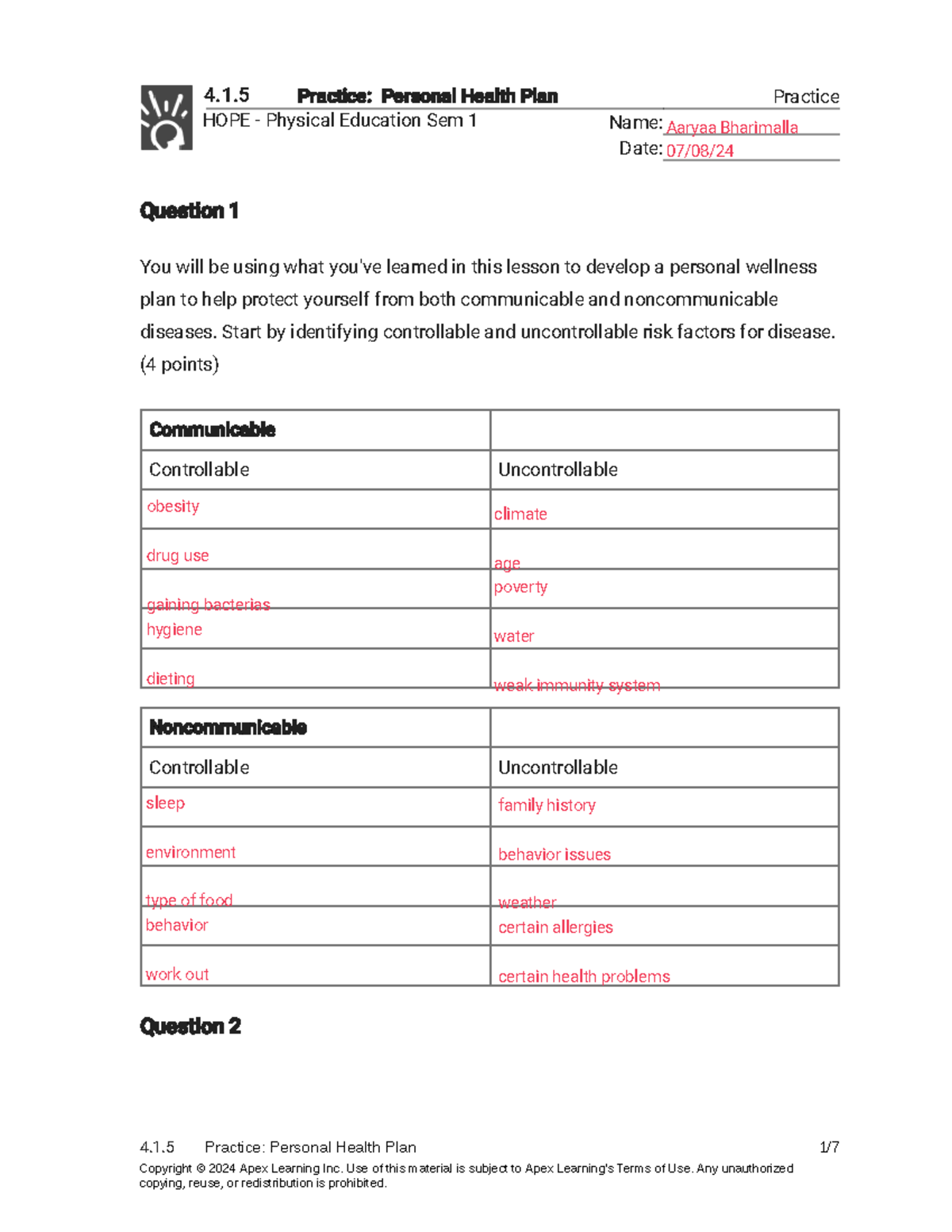 4.1.5 Practice - Personal Health Plan (Practice) - Practice: Personal Health Plan 1/ Copyright ...