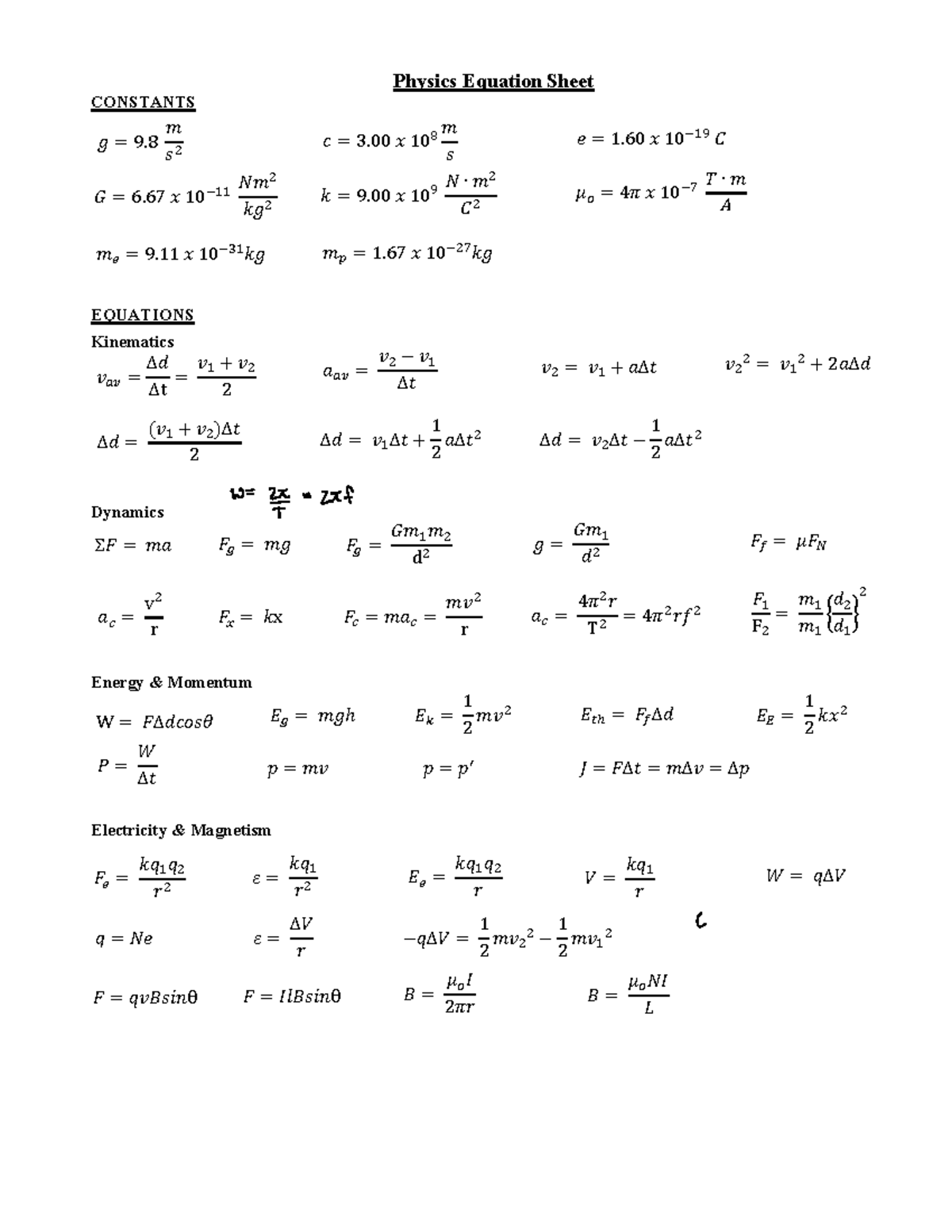 Physics equation sheet 2019 - SPH 4U0 - Physics 12 U Physics Equation Sheet CONSTANTS EQUATIONS ...