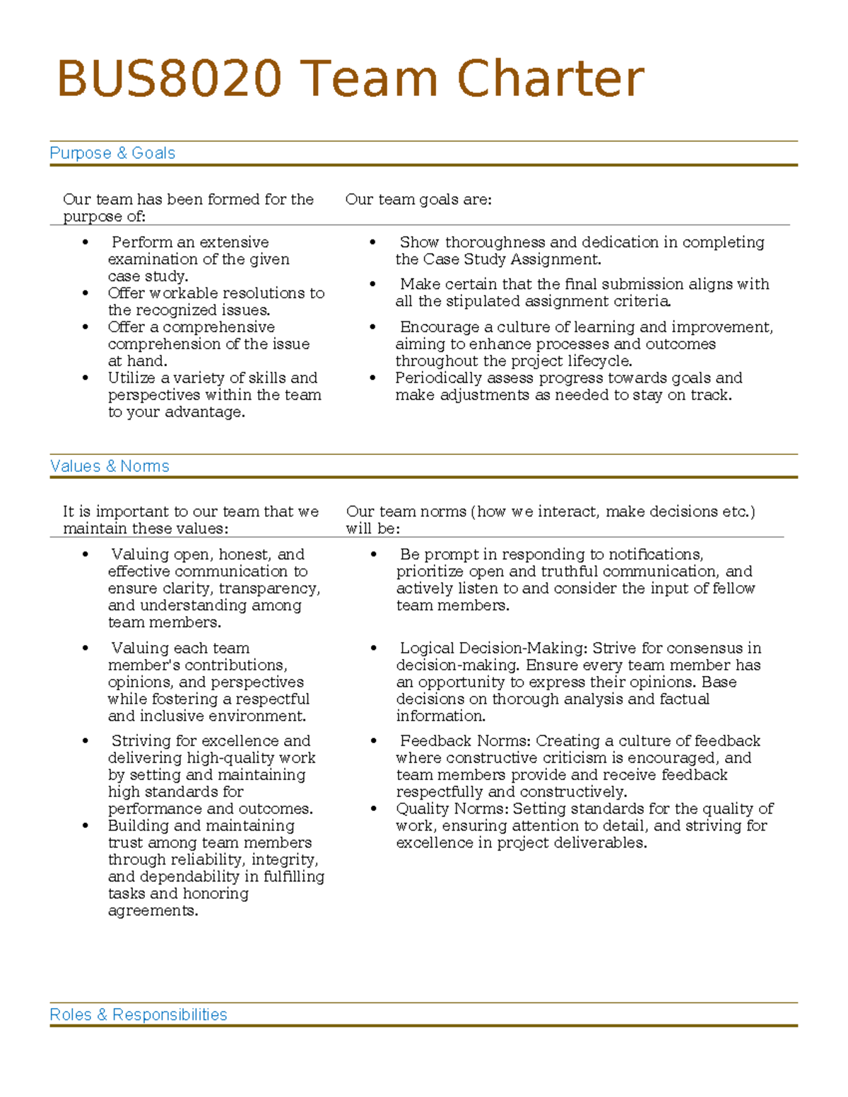 OB Team 6 - group case study - BUS8020 Team Charter Purpose & Goals Our ...