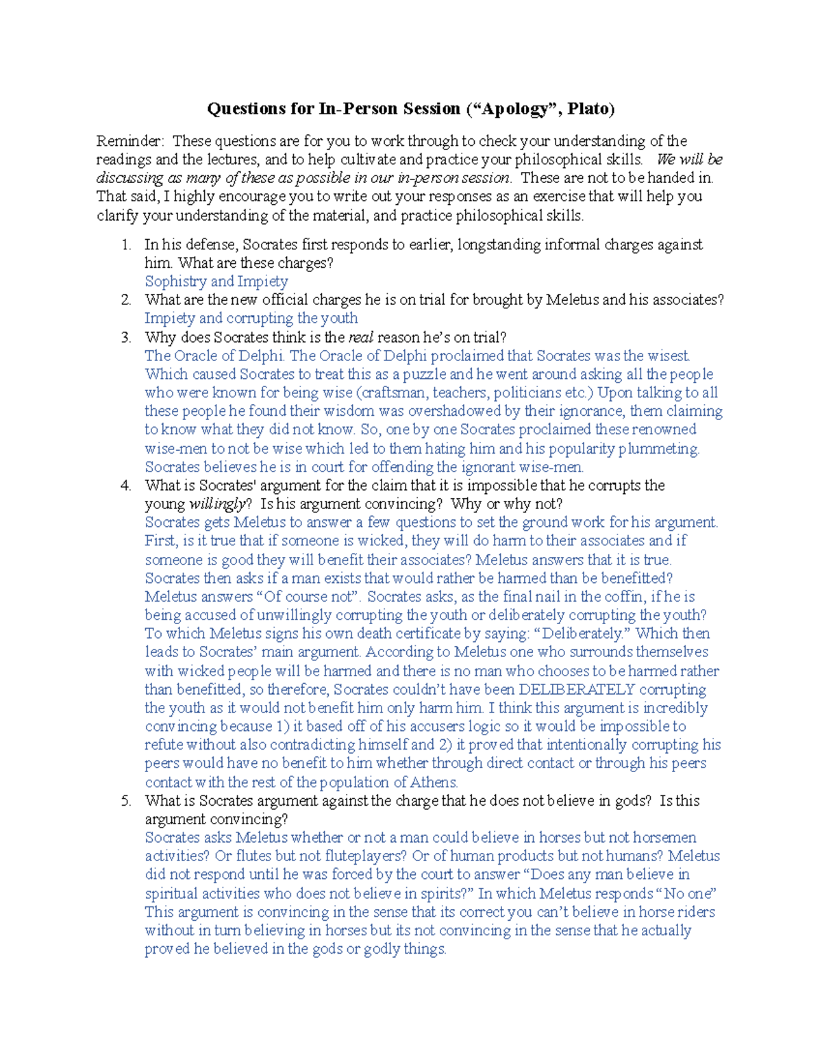 Questions for In-Person Session (Apology, Plato) - Questions for In ...