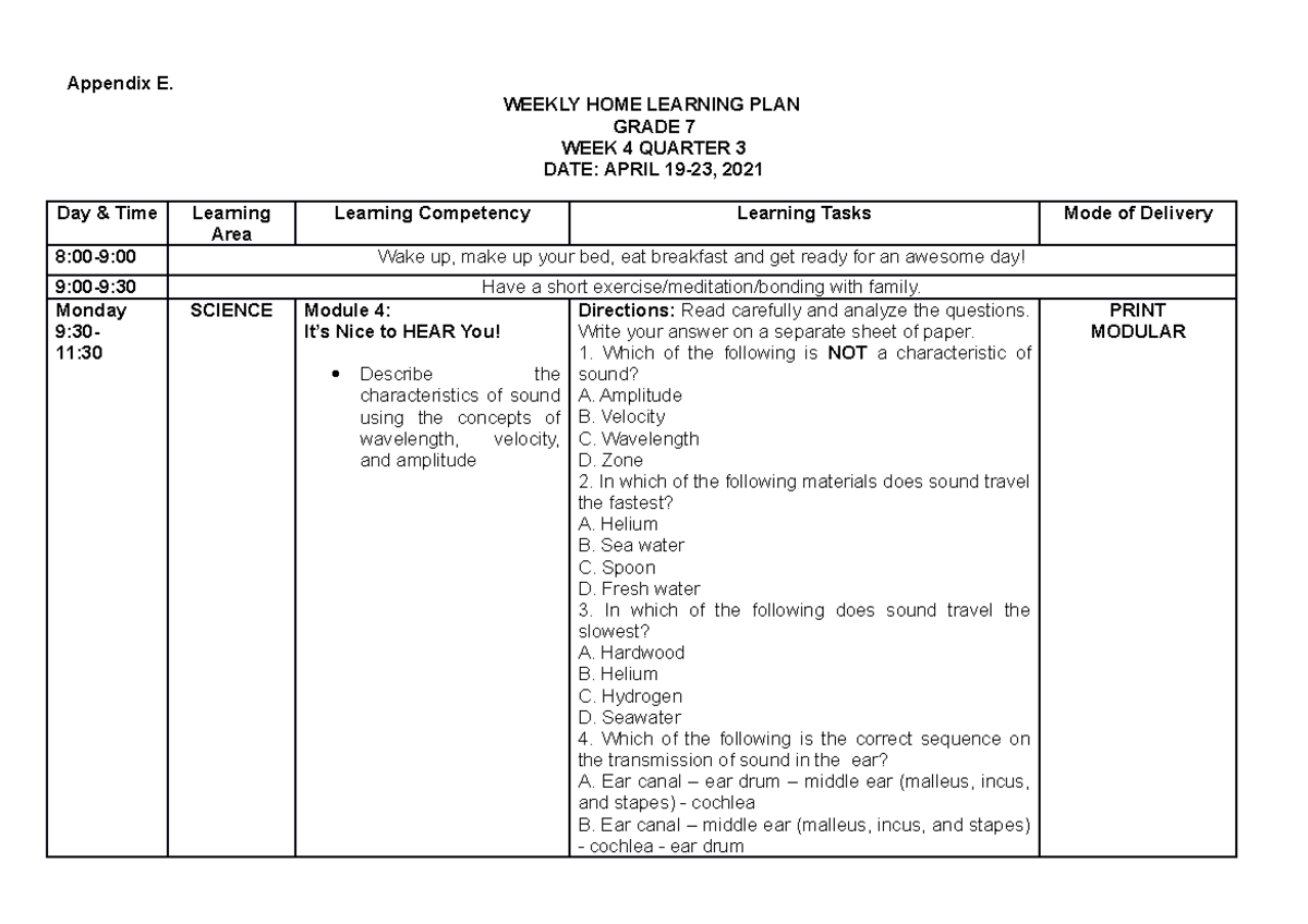 Week4 3 - DLL - Appendix E. WEEKLY HOME LEARNING PLAN GRADE 7 WEEK 4 ...