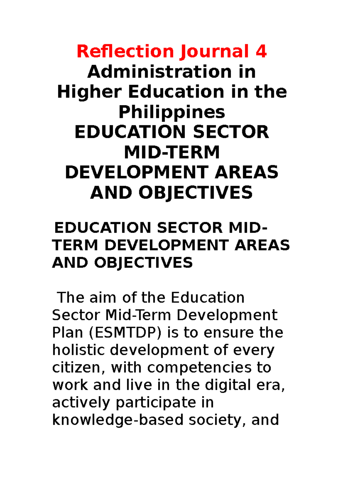 Reflection Journal 4 - notes - Reflection Journal 4 Administration in ...