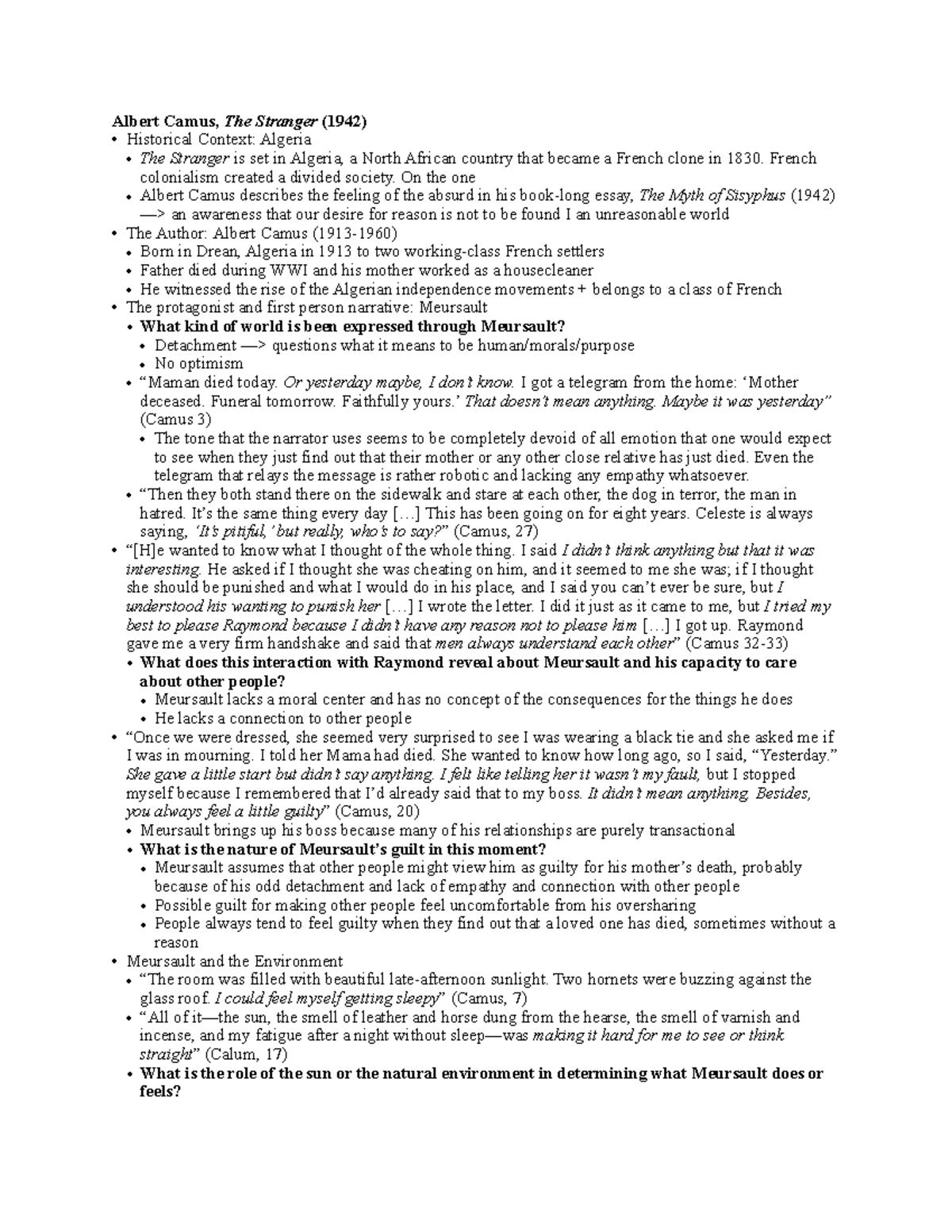 Intro to "the Stranger" (Camus) - Albert Camus, The Stranger (1942 ...