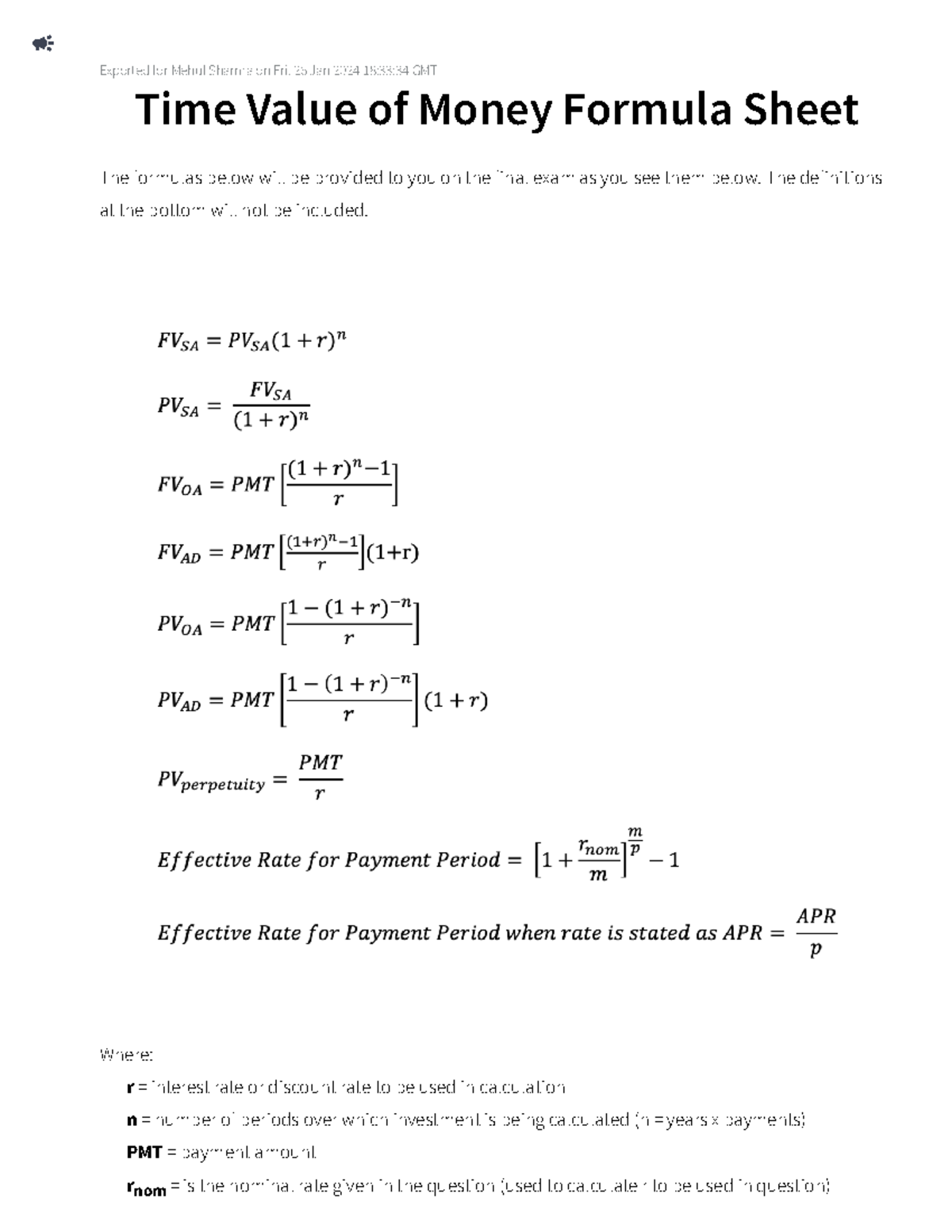 Time Value of Money Formula Sheet - Exported for Mehul Sharma on Fri ...