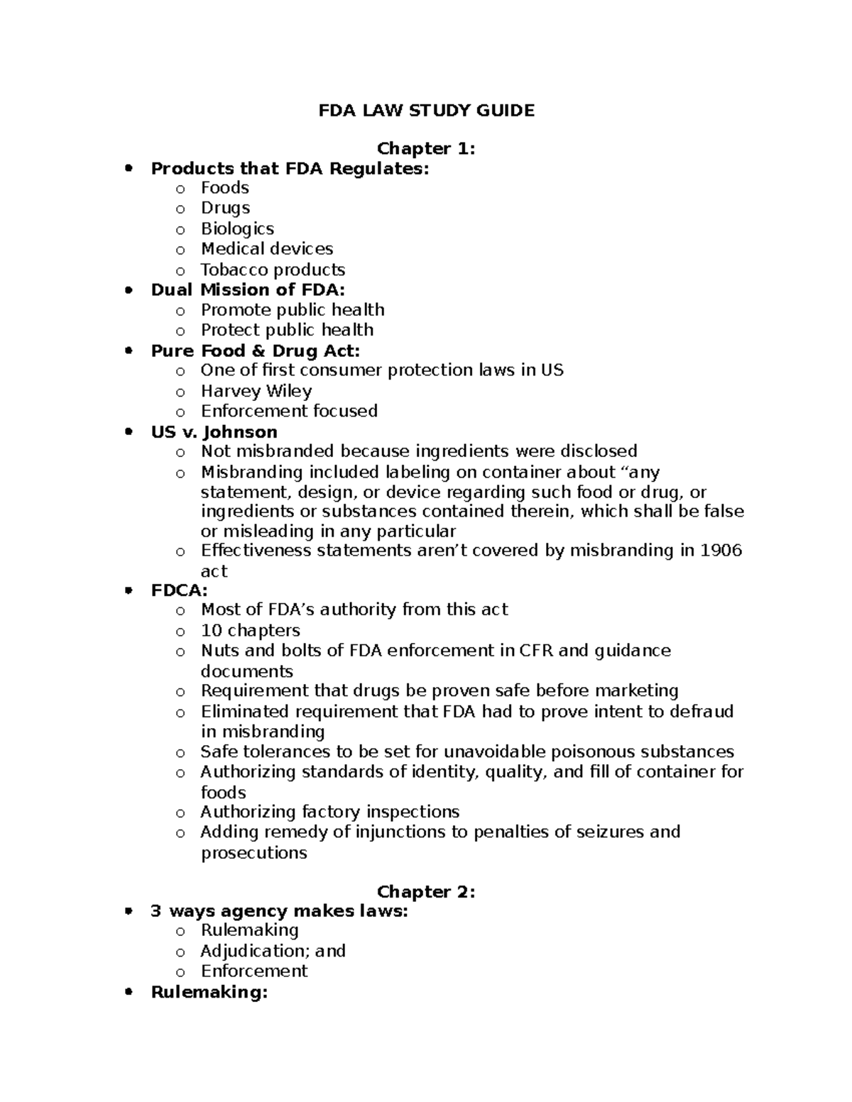 Calhoon FDALaw Spring 2022 - FDA LAW STUDY GUIDE Chapter 1: Products ...
