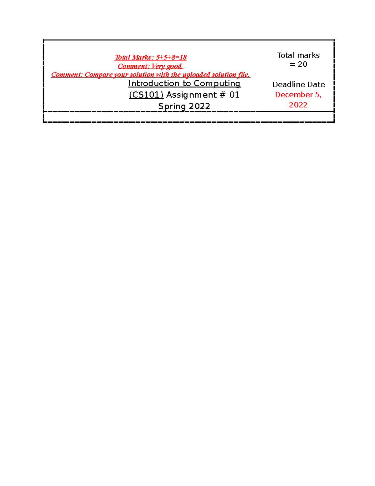 Mrk Fall 2022 Cs101 1 Bc220401191 Total Marks 5 5 8 Comment Very Good Comment Compare