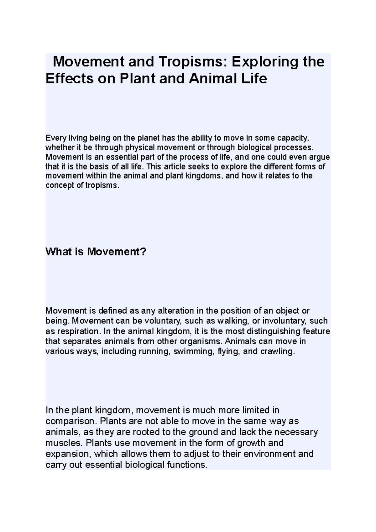 Movement and Tropisms Exploring the Effects on Plant and Animal Life ...