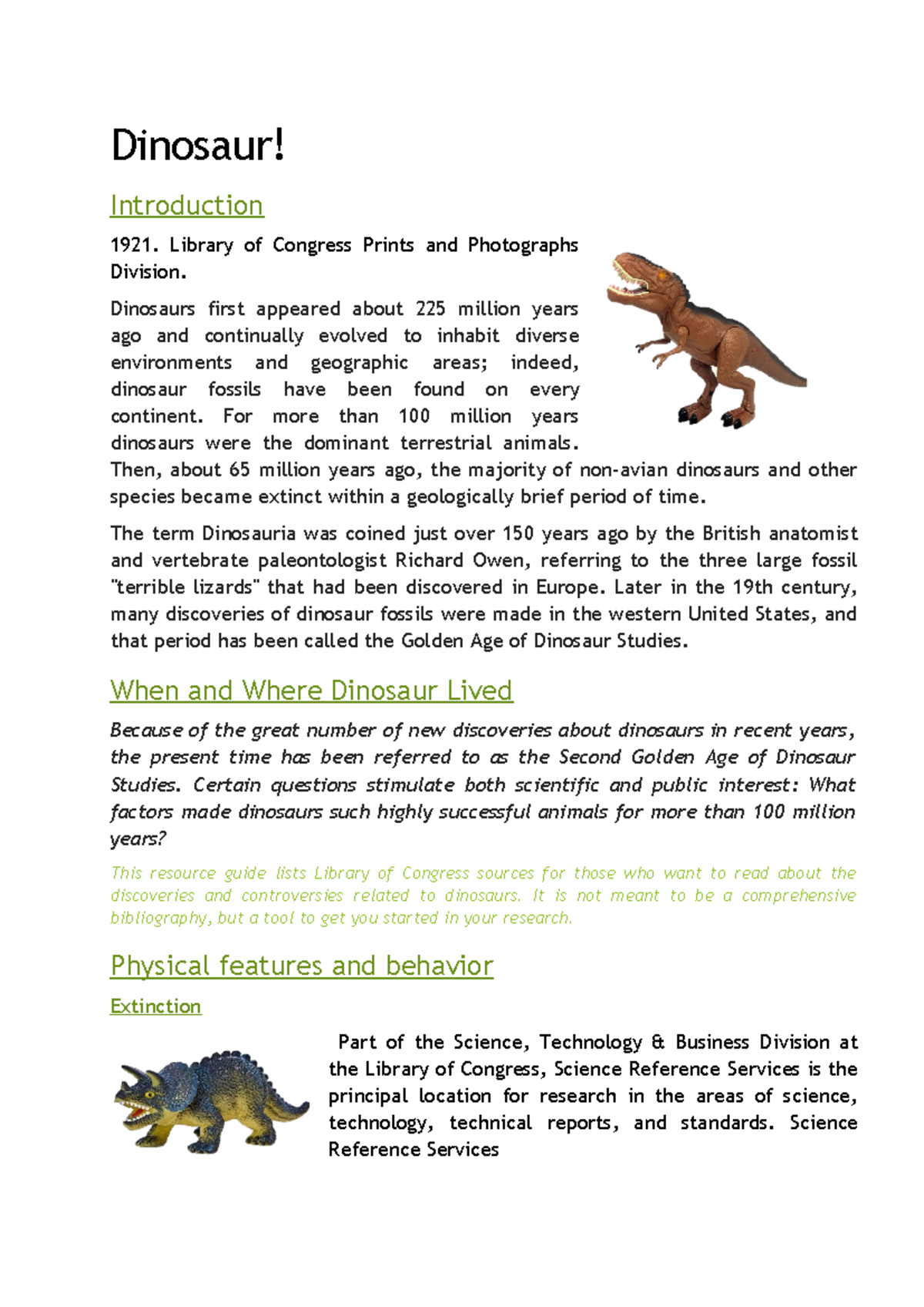 Project 1 - ggggggg - Dinosaur! Introduction 1921. Library of Congress ...