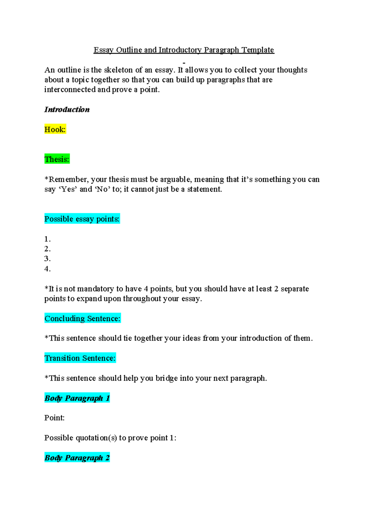 Essay Outline Template (Editable) - Essay Outline and Introductory ...