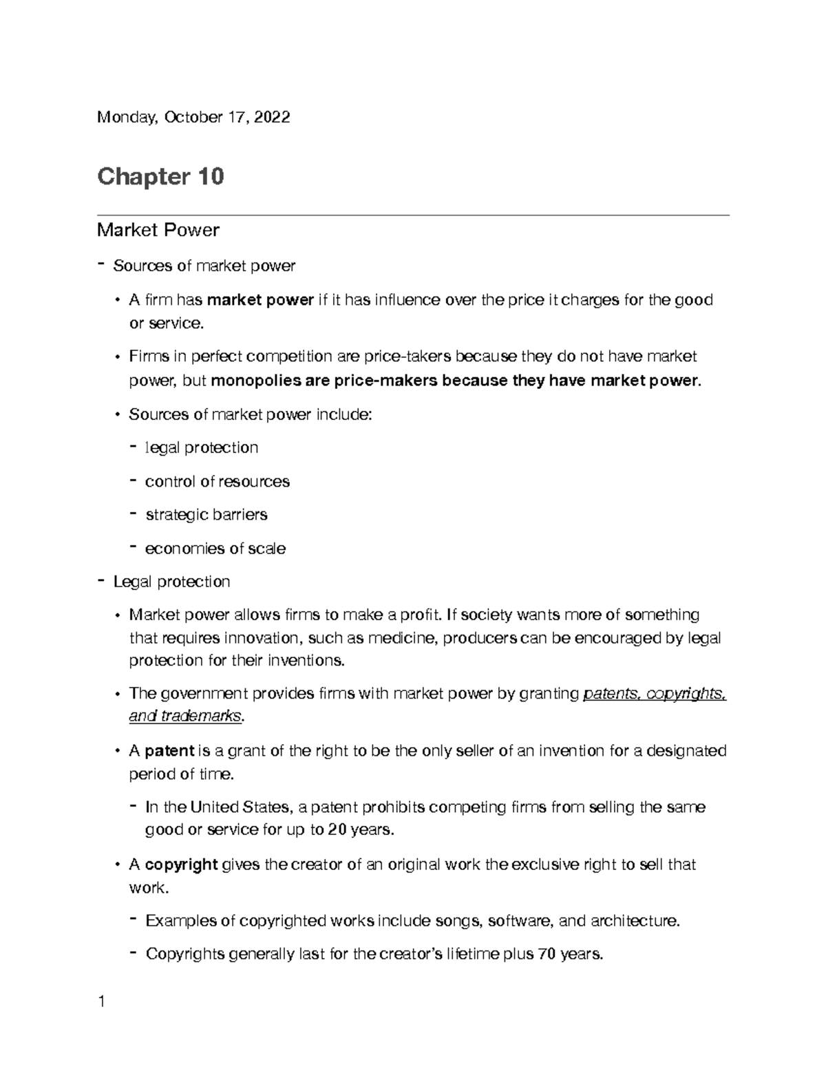 economics chapter 10 - Monday, October 17, 2022 Chapter 10 Market Power ...