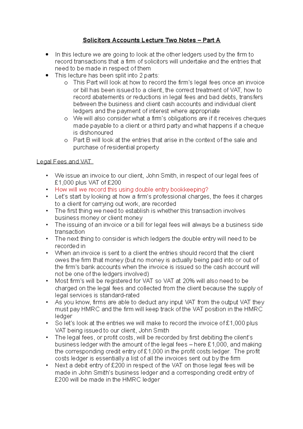 Solicitors Accounts Lecture Two Notes - The profit costs ledger is ...
