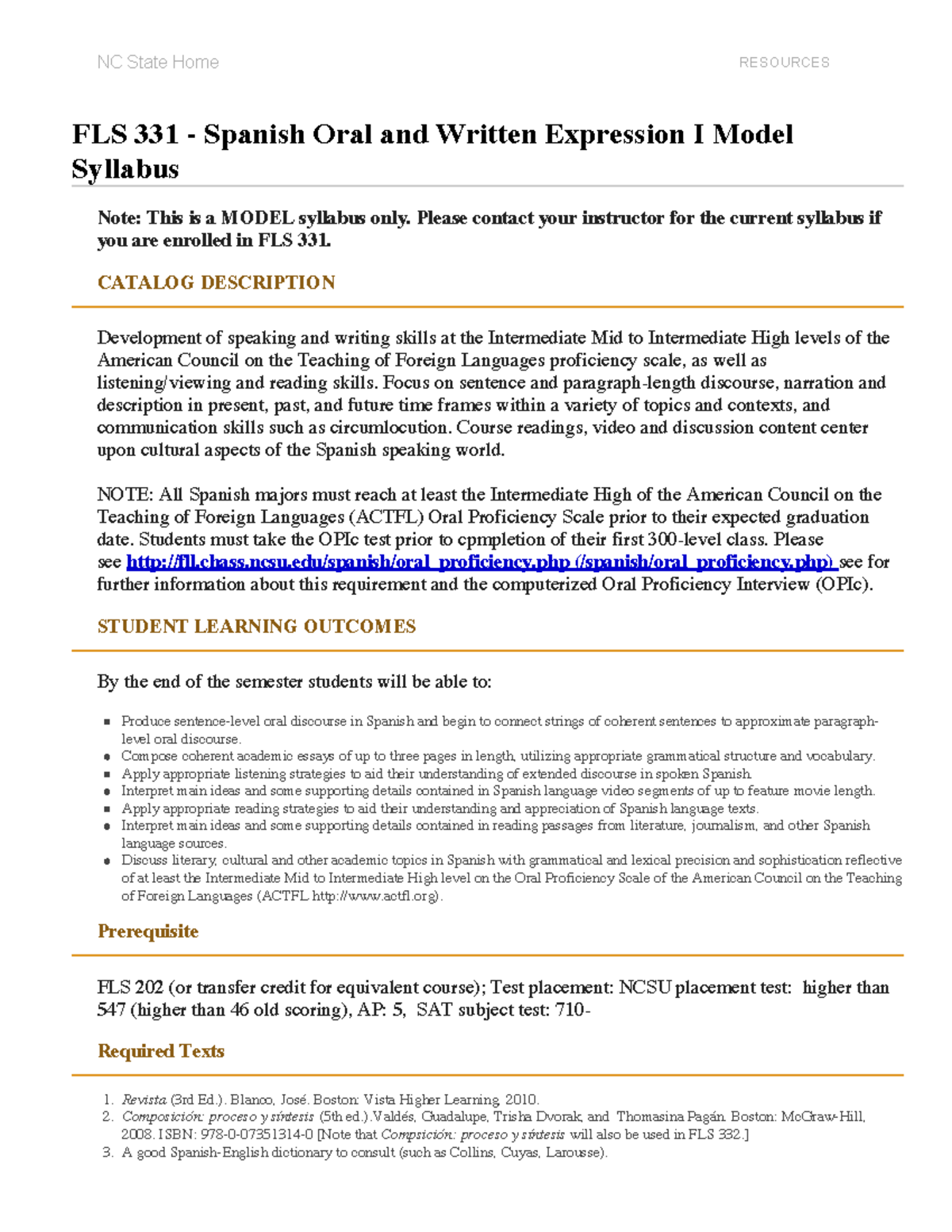 FLS 331 - Upper Level Spanish Syllabus - FLS 331 - Spanish Oral and ...