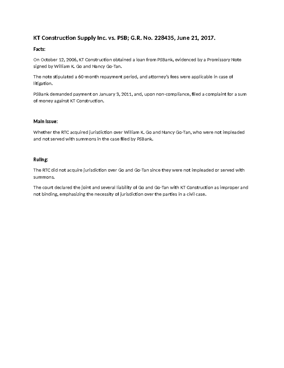 Practice Court – I Digests - KT Construction Supply Inc. vs. PSB; G. No ...