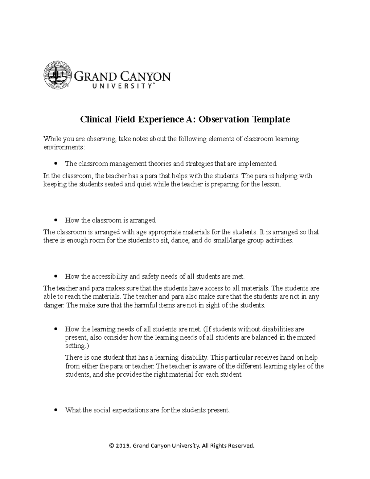 ECE- 220 Observation Question complete - Clinical Field Experience A ...