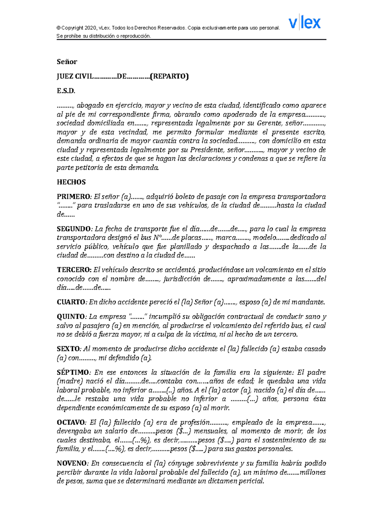 Modelo de demanda - © Copyright 2020, vLex. Todos los Derechos ...