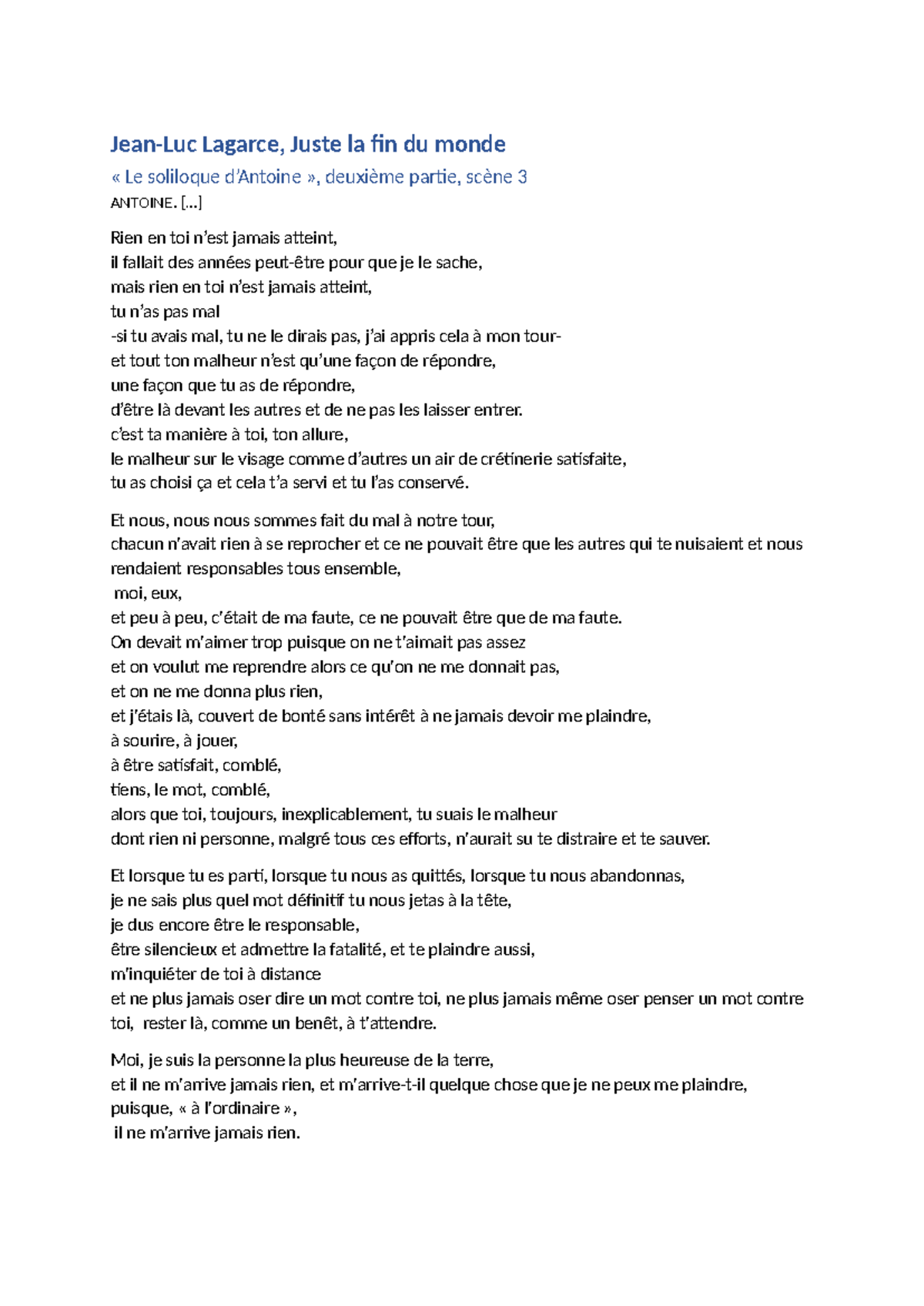 Analyse linéaire le soliloque d'antoine - Jean-Luc Lagarce, Juste la ...