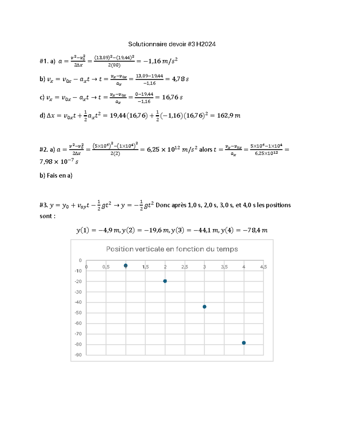 Solutionnaire devoir #3 H2024 - Solutionnaire devoir #3 H #1. a) 𝑎 = 𝑣 2 −𝑣 0 2 2 ∆𝑥 = ( 13 , 89 ...