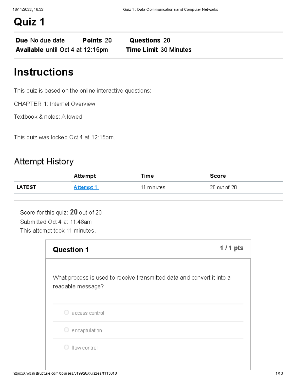 Quiz 1 Data Communications And Computer Networks Quiz 1 Due No Due Date Points 20 Questions 20