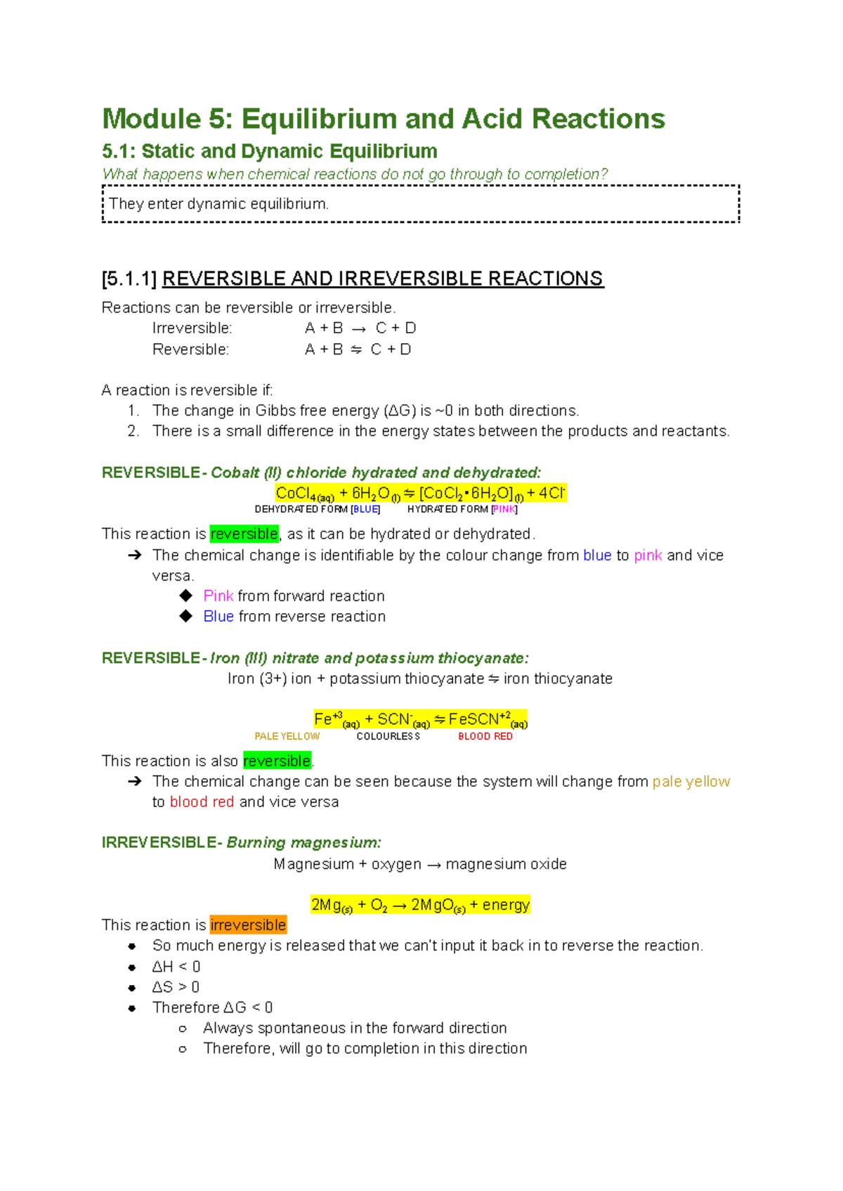 HSC Chemistry Mod 5 Notes - Module 5: Equilibrium and Acid Reactions 5 ...