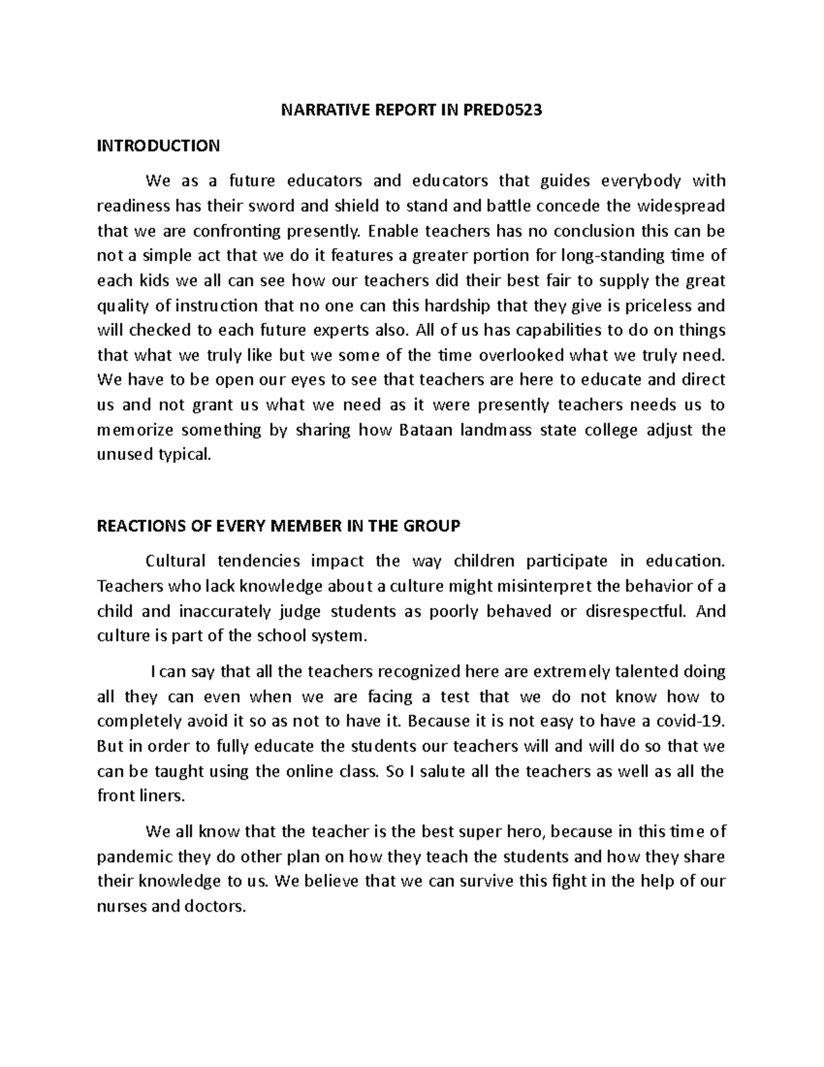 Narrative Report IN PRED0523 - NARRATIVE REPORT IN PRED INTRODUCTION We ...