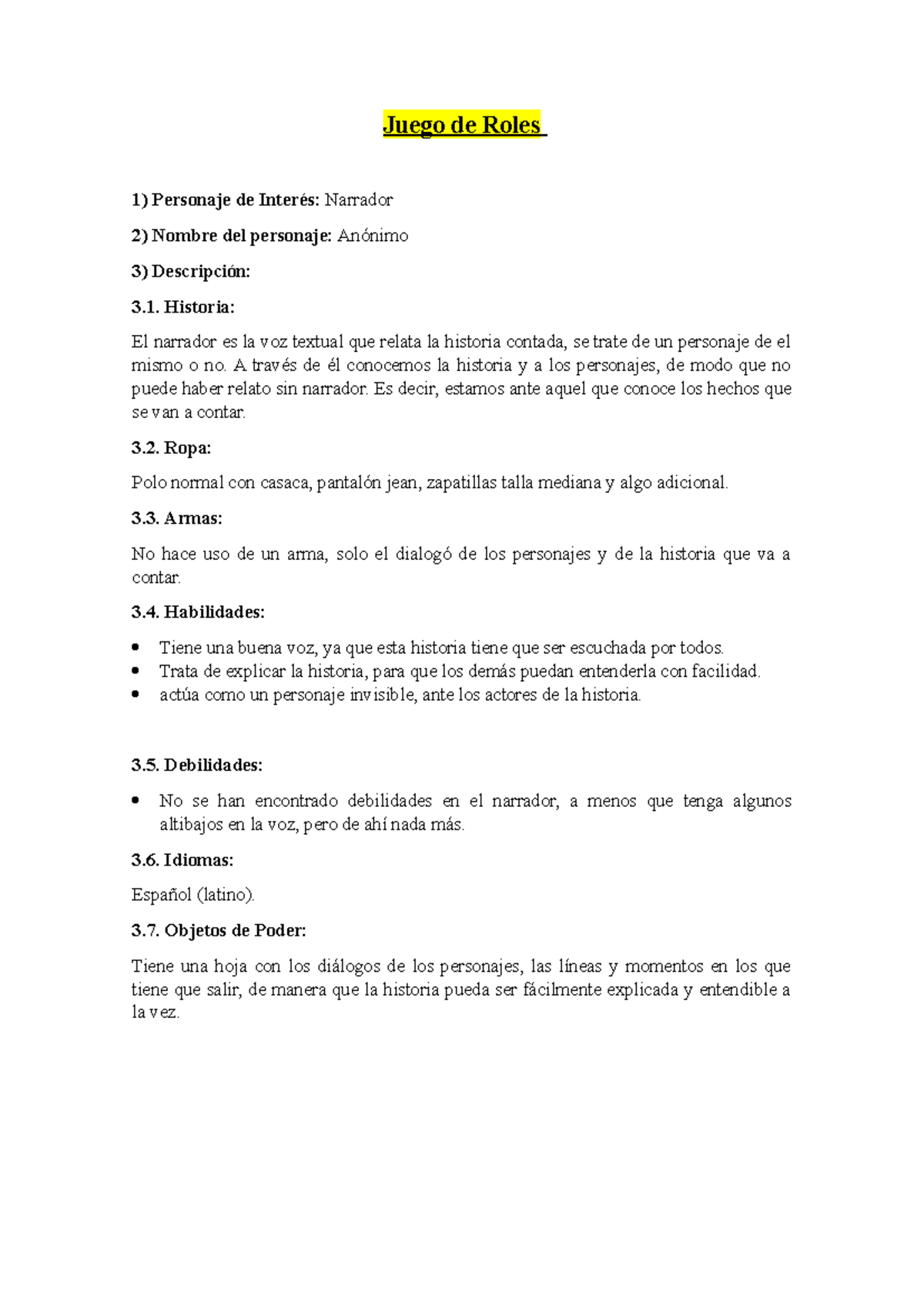 Juego de Roles - Tarea Académica I Liderazgo - Juego de Roles Personaje ...