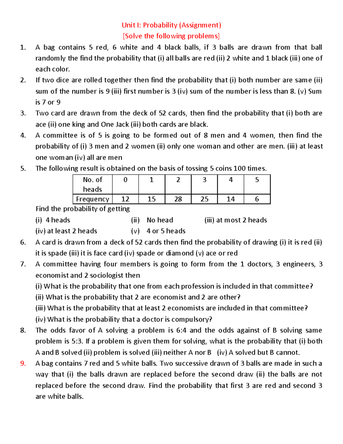 Unit I Probability Assignment II - Unit I: Probability (Assignment ...
