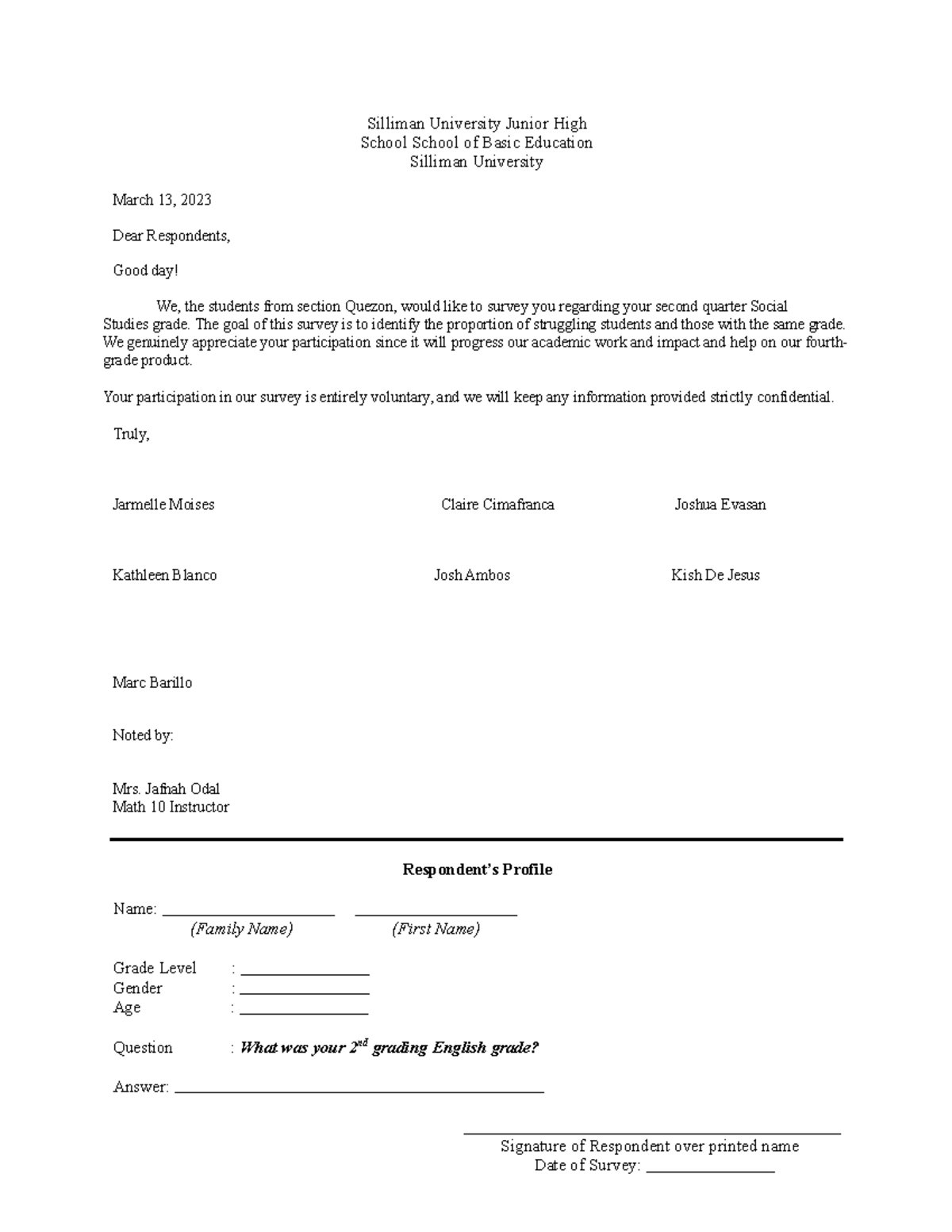 MATH Survey Format g5 - Silliman University Junior High School School ...