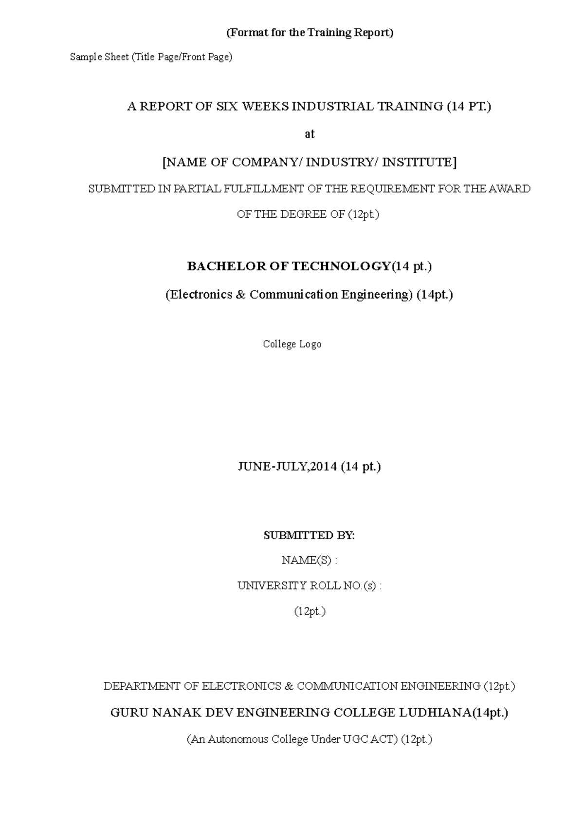 Format of Training Report B - (Format for the Training Report) Sample ...