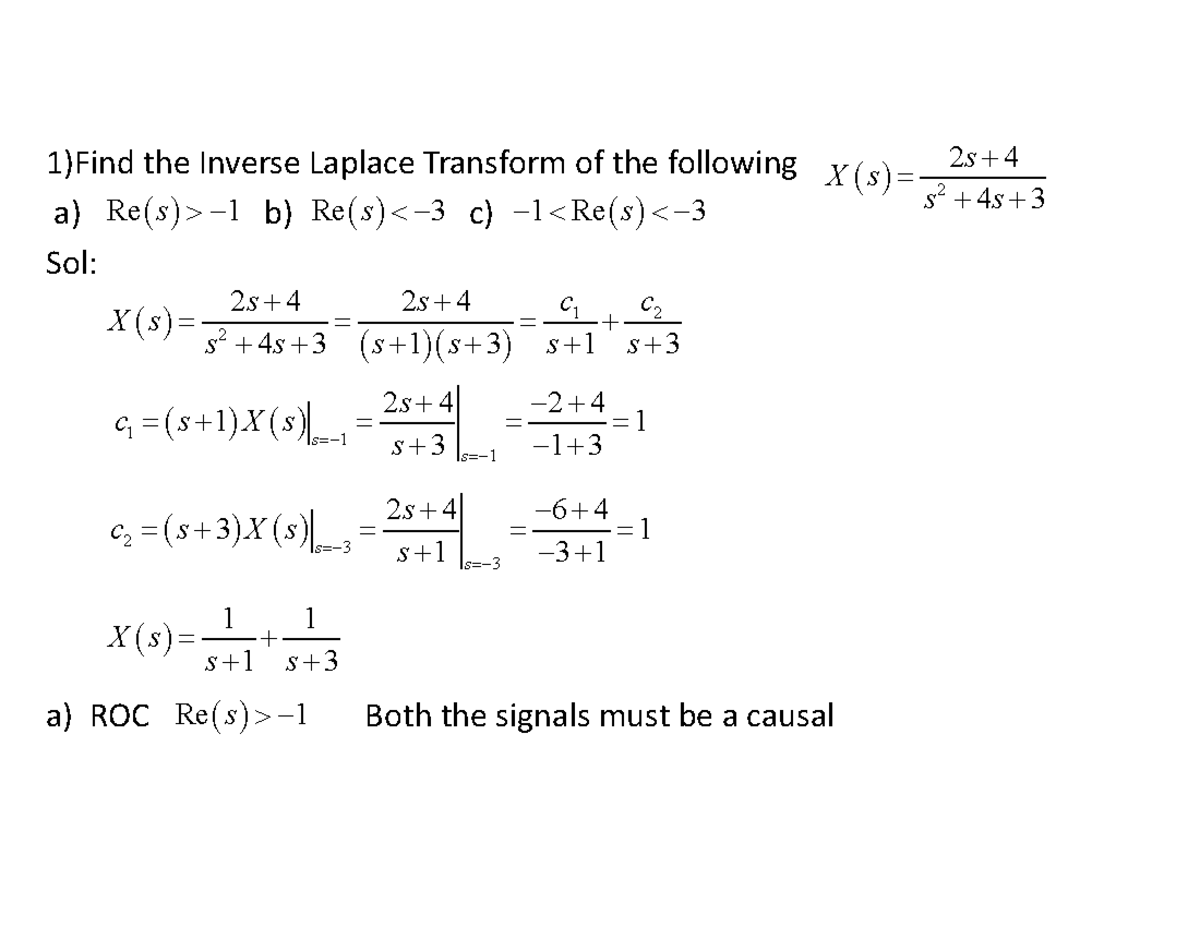 Signals and Systems(SS)-Laplace Transforms - 1)Find the Inverse Laplace Transform of the ...