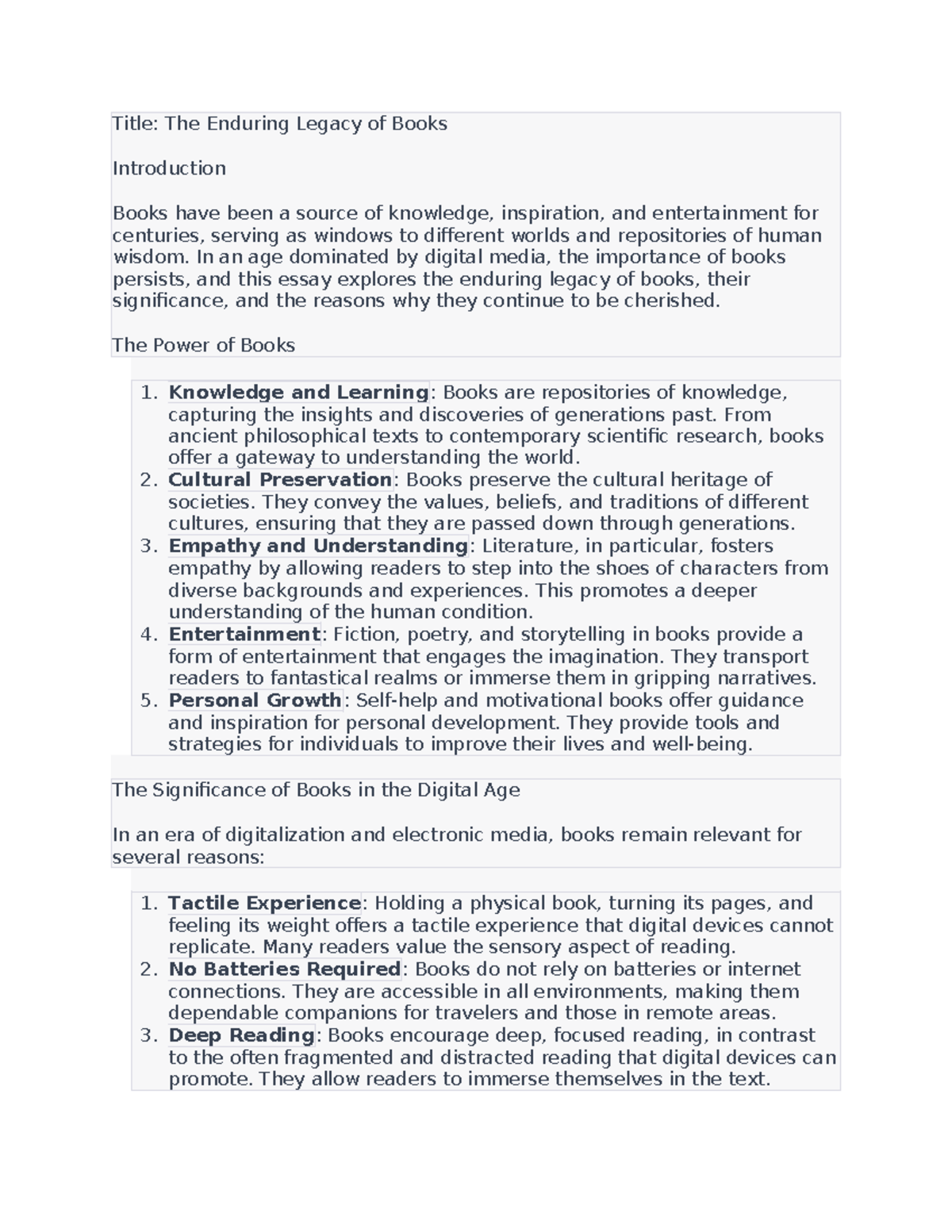 Books - Title: The Enduring Legacy of Books Introduction Books have been a source of knowledge ...