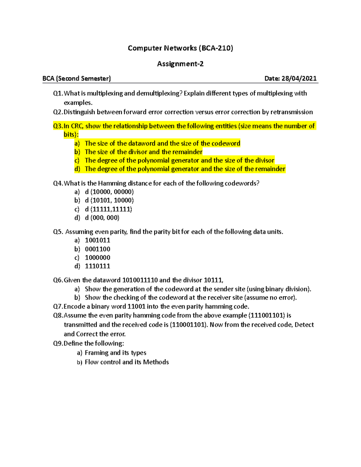 Assignment-2 - sem 1 answer for obe question paper - Computer Networks (BCA-210) Assignment- BCA ...