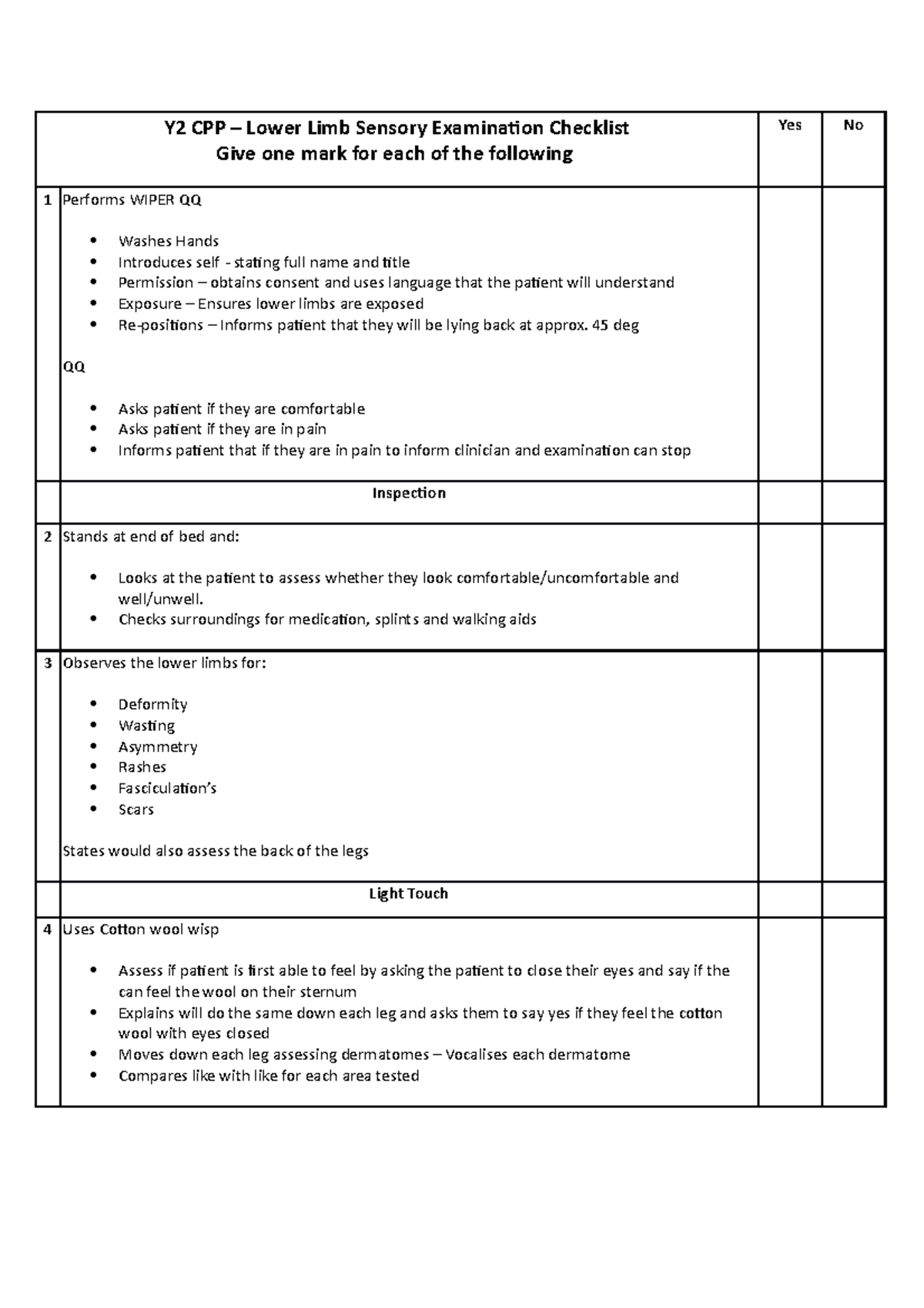 Y2 CPP - Lower Limb Sensory Checklist - Y2 CPP – Lower Limb Sensory ...