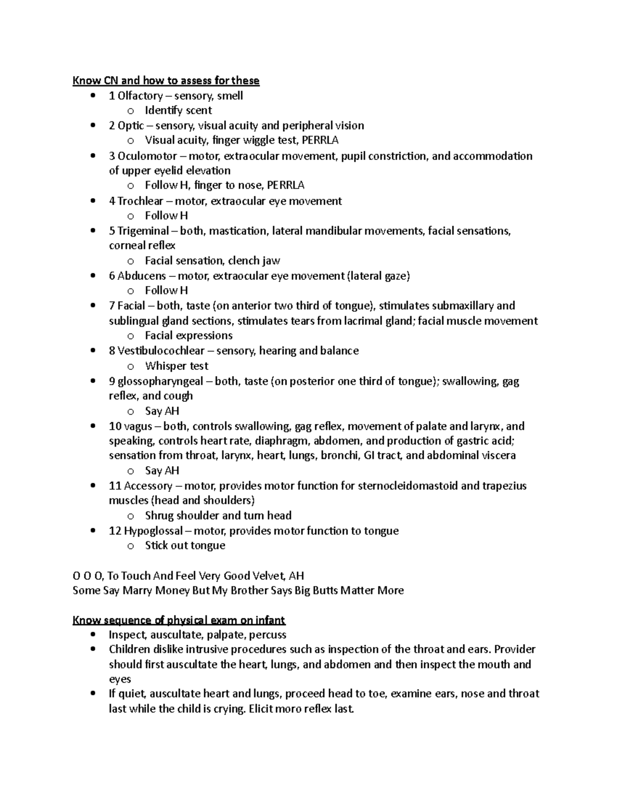 641 final exam - Know CN and how to assess for these 1 Olfactory ...
