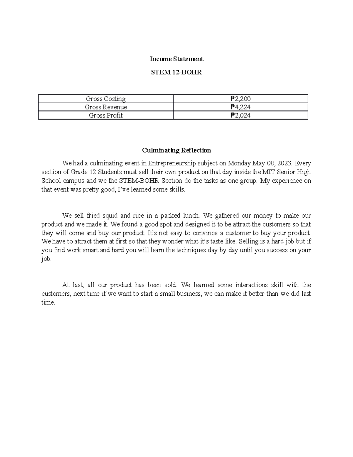 Culminating Reflection - Income Statement STEM 12-BOHR Gross Costing ₱2 ...