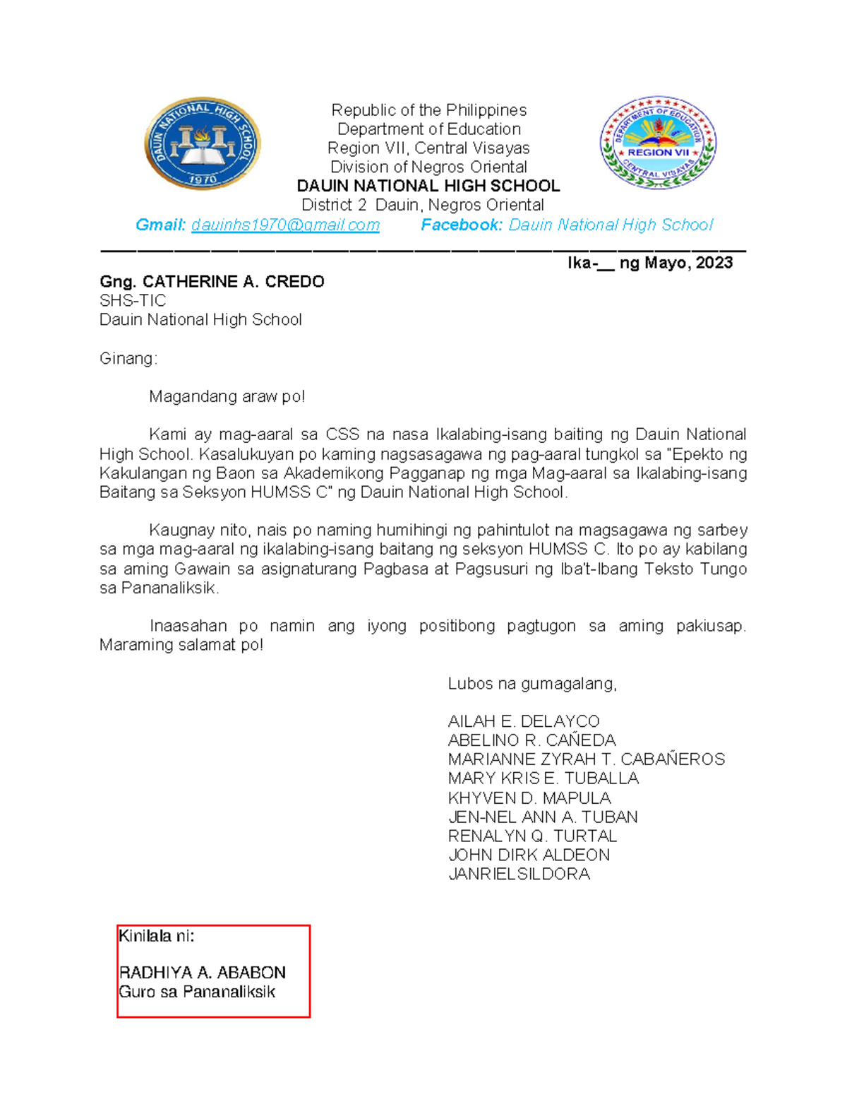 Letter 1 - Republic of the Philippines Department of Education Region ...